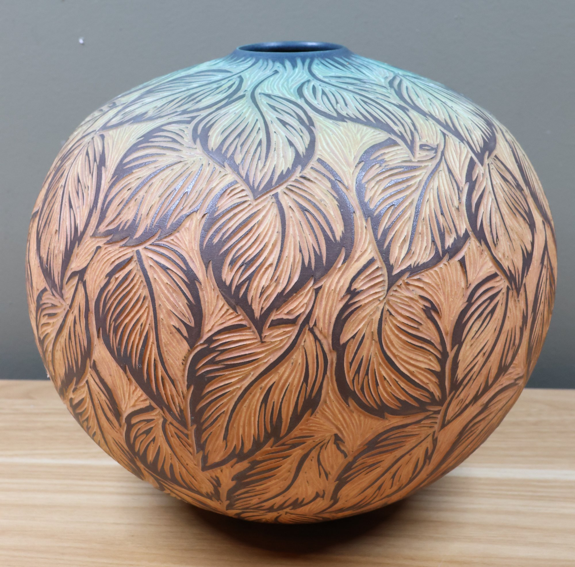 Handmade Signed Studio Pottery Leaf Textured Porcelain Ceramic Vase Tan ...