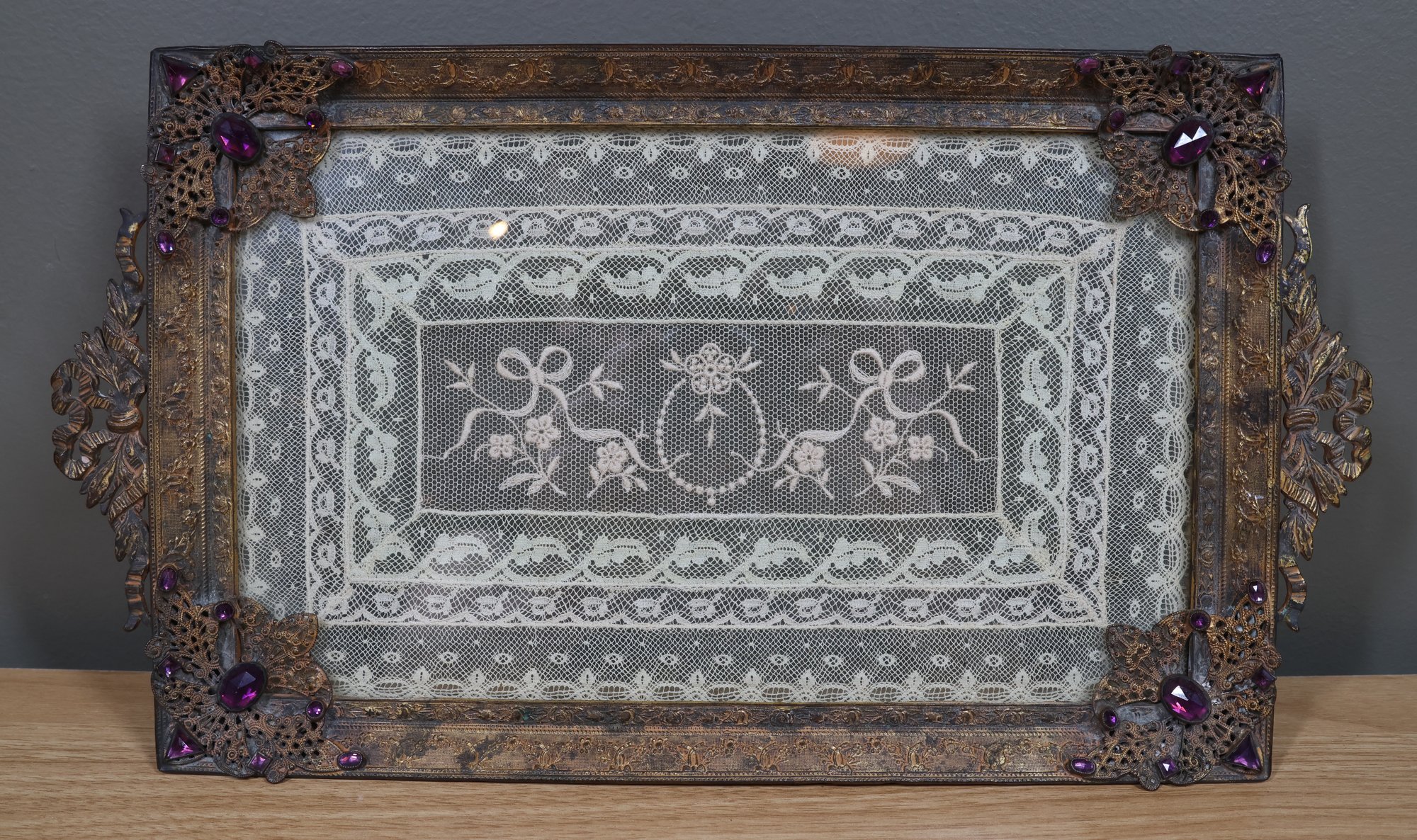 Antique Jewel Encrusted Brass And Glass Dresser / Vanity Tray With ...