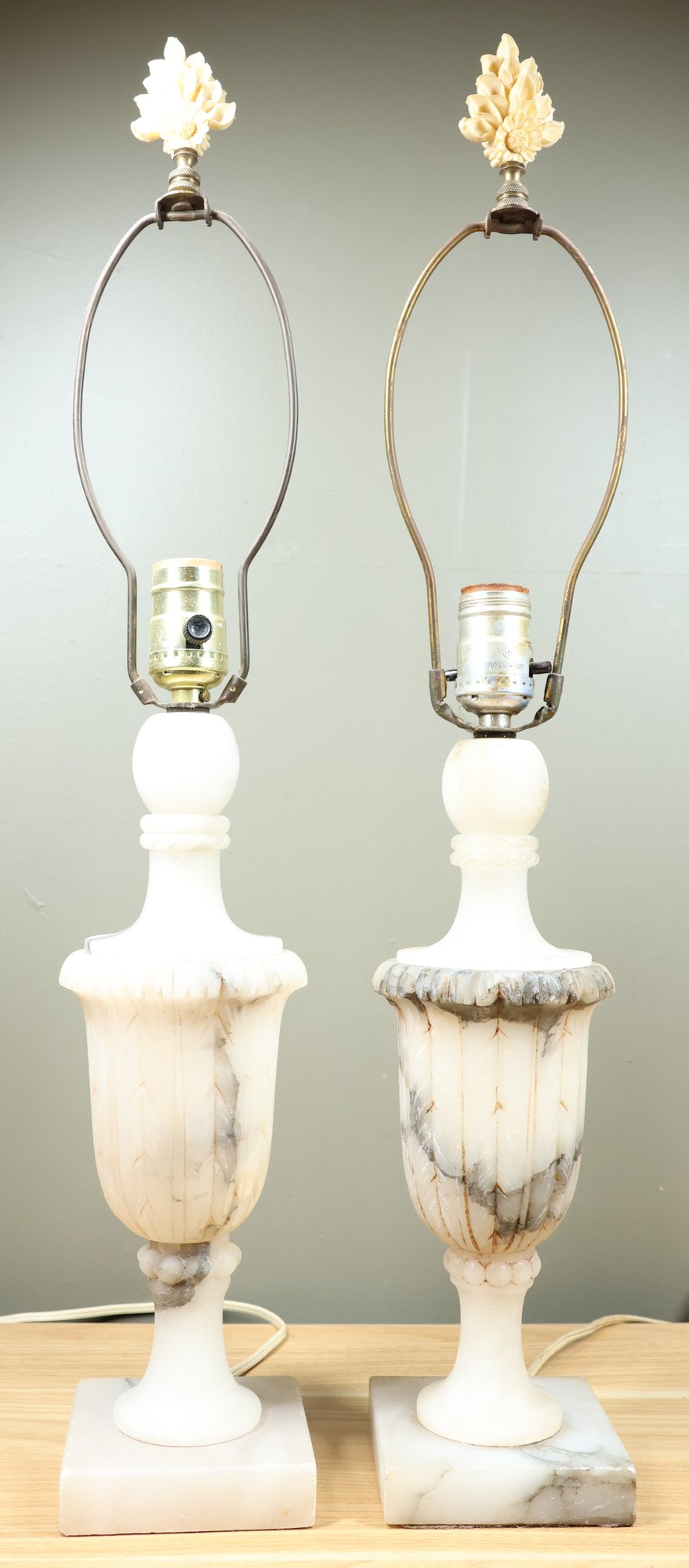 Set Of (2) Vintage Carved Alabaster Table Lamps Neoclassical Floral ...