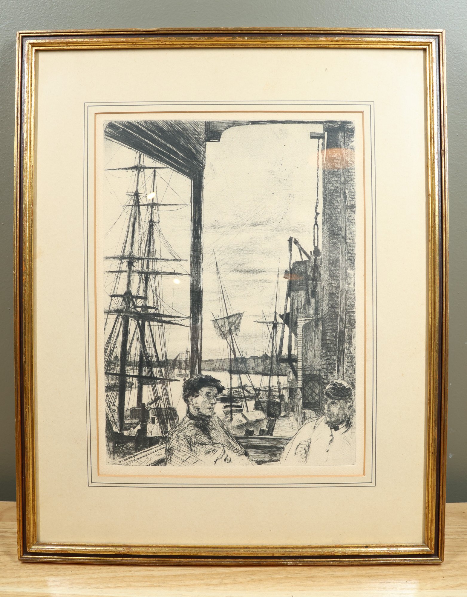 Vintage Framed Lithograph Shipyard Ships Sailors Boats Signed Whistler ...