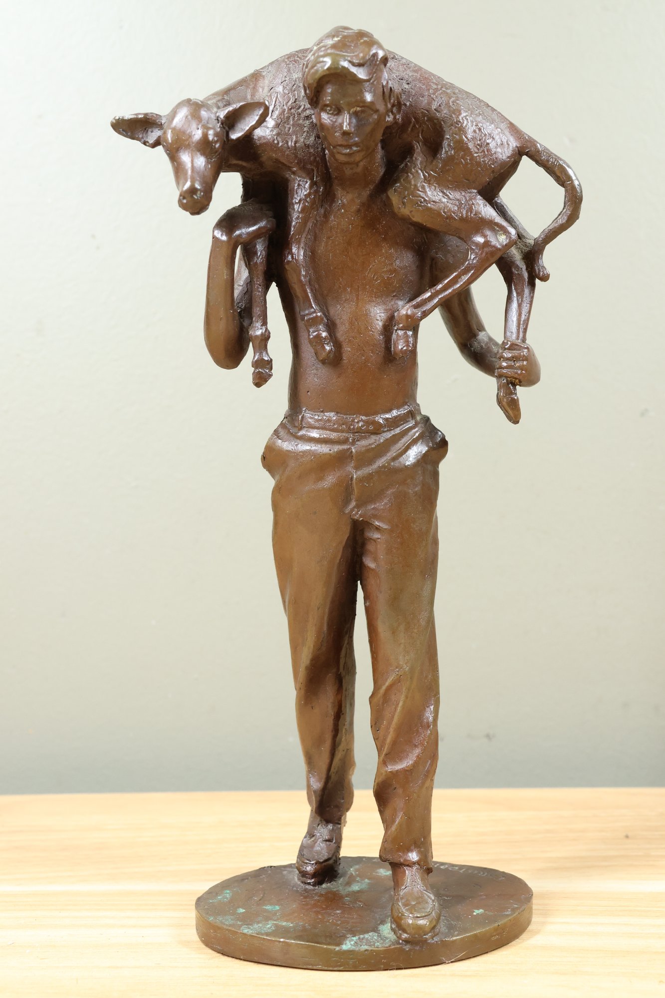 Christopher Parks Bronze Sculpture Of Young Man With Holding Calf On ...