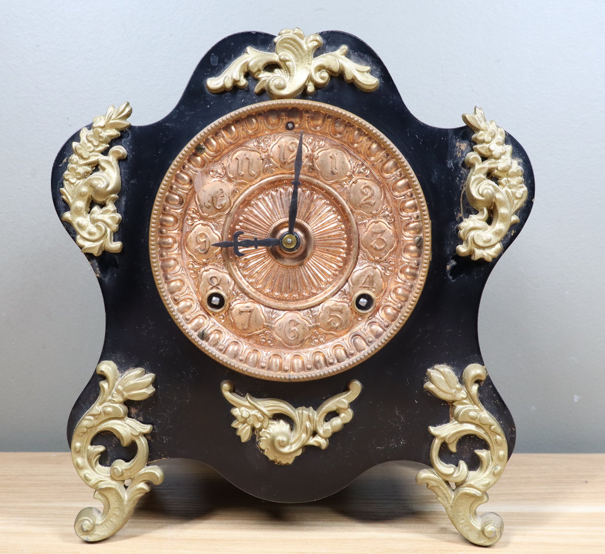 1882 Ansonia USA Ornate Cast Iron & Brass Footed Mantel Clock W/ Brass ...