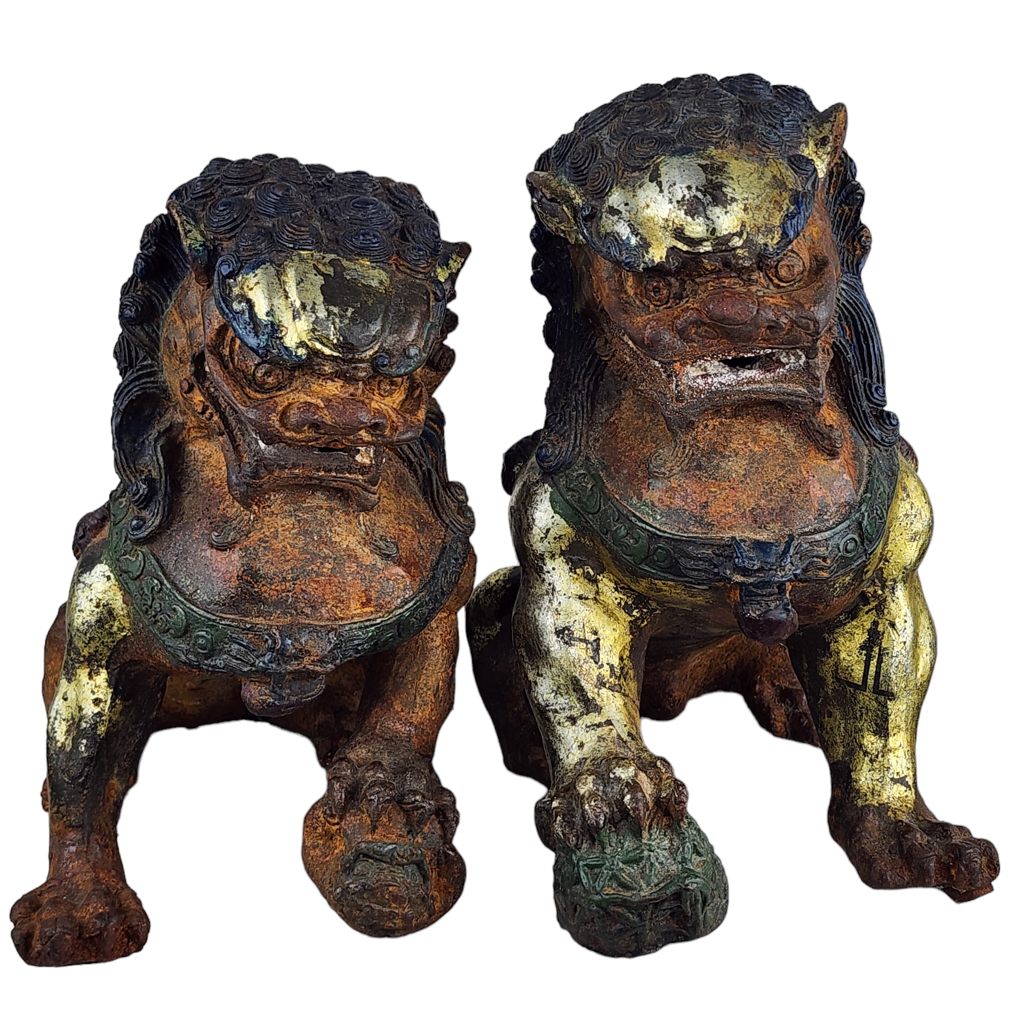 Antique Chinese Feng Shui Foo Dog Lion Beast Ball Luck Cast Statue ...