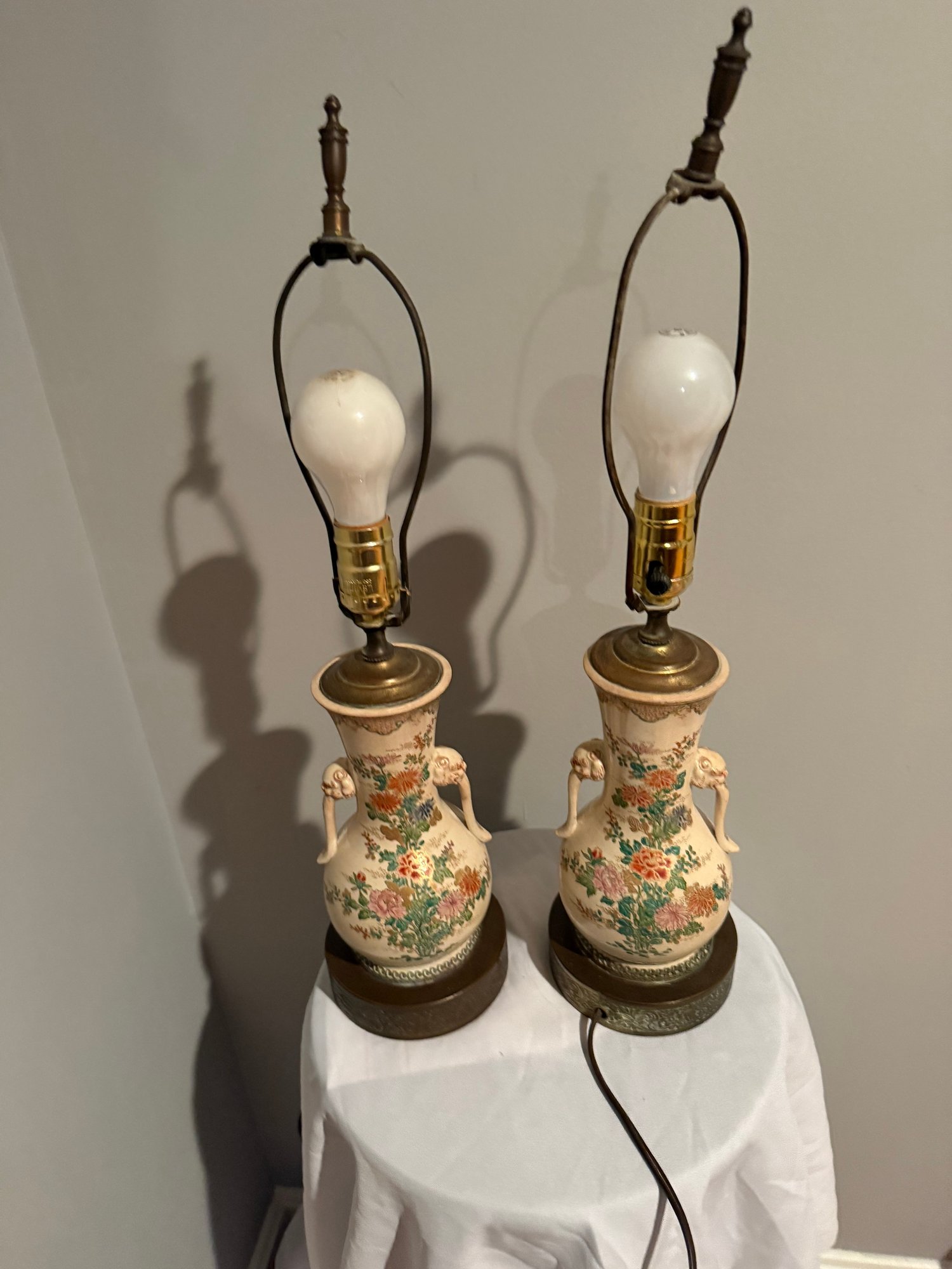 Pair Of Vintage Asian Floral Porcelain Vase Lamps With Elephant Handles ...