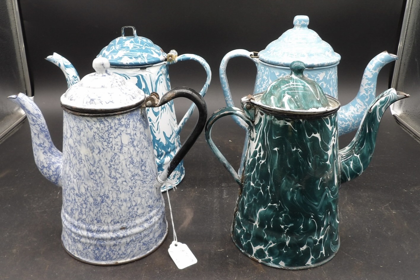 Four Granite Ware Teapots - Multiple Blues And Chrysolite #2968 ...
