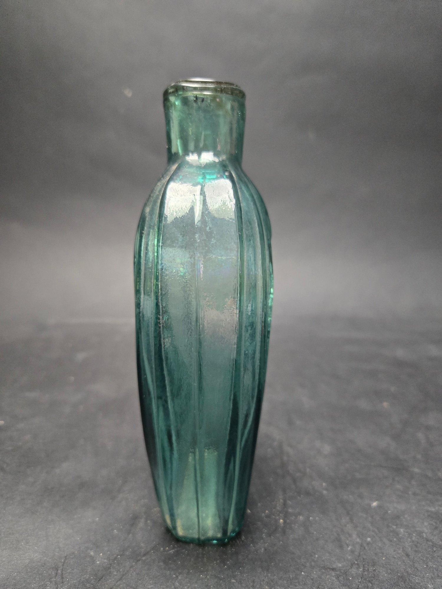 Sunburst Histoical Flask , Blue Green 3/4th Pint , Plain Mouth, Rough ...