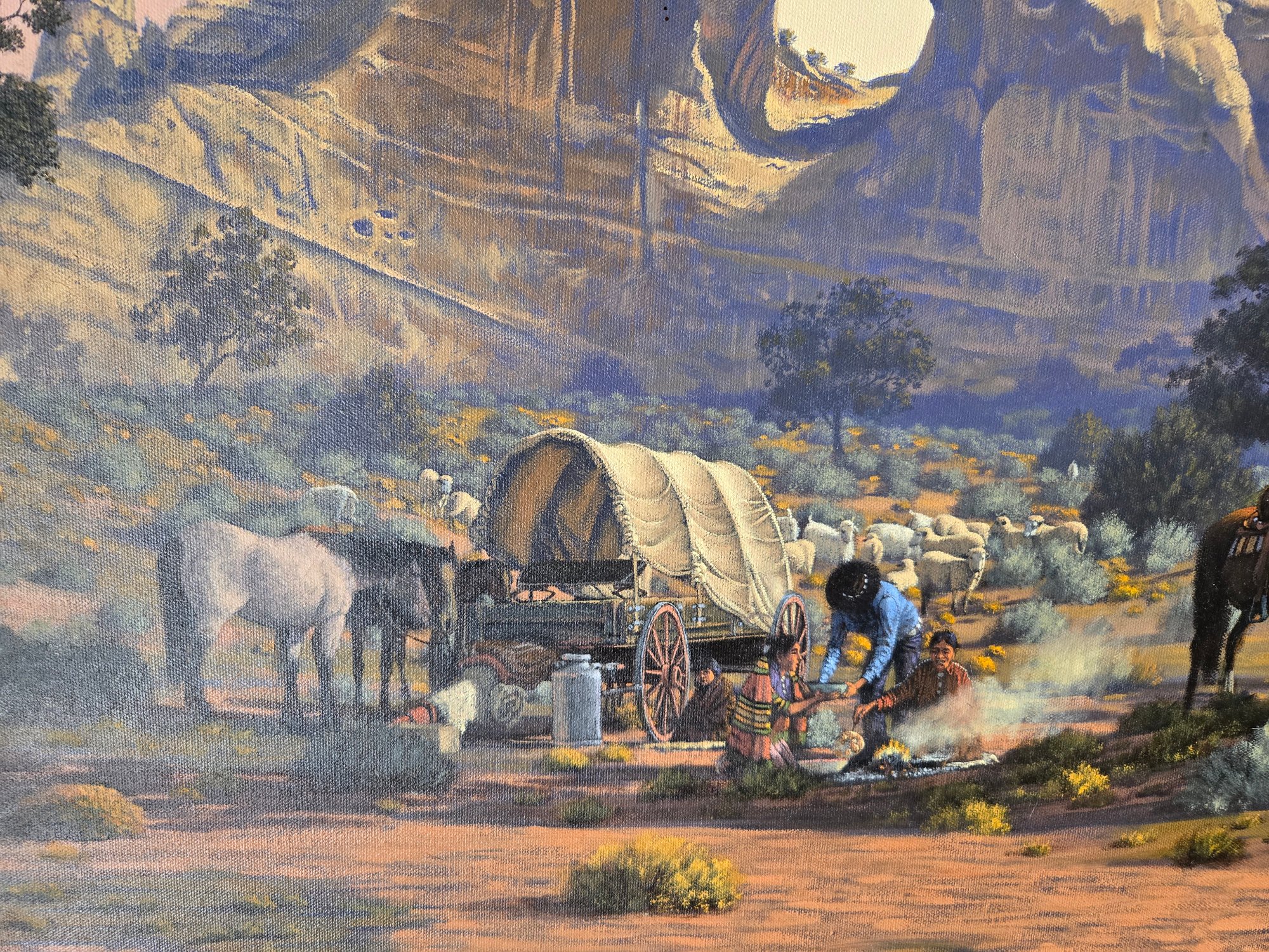 Oil On Canvas Marked Murphy - Native Family With Heard Of Sheep 49.5" X ...