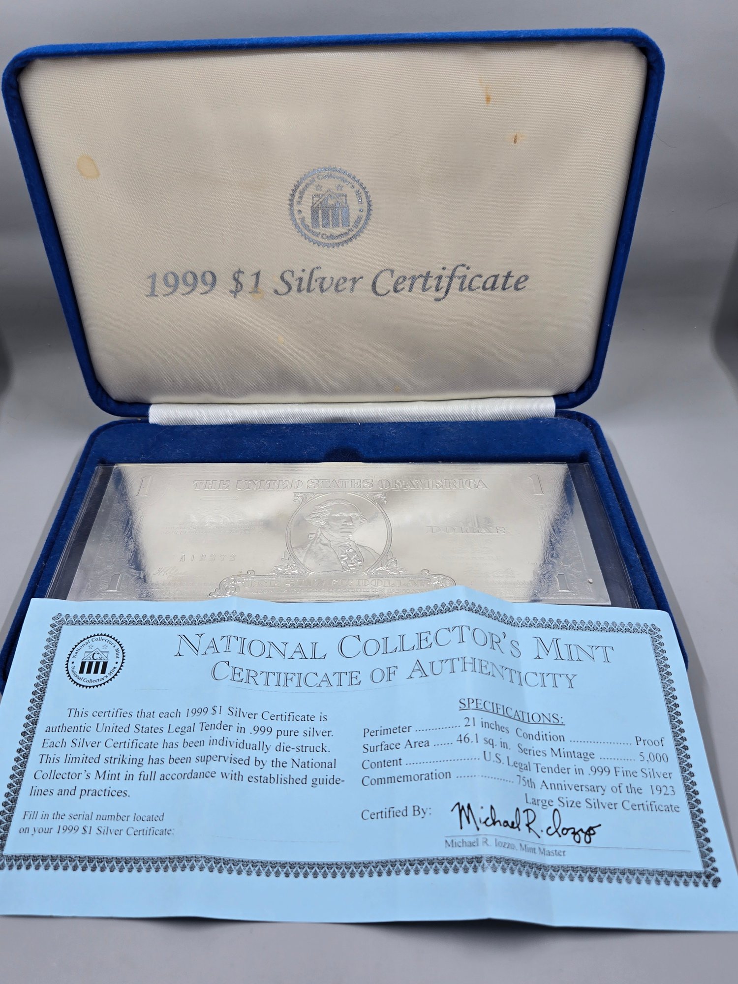 1991 $1 Silver Certificate With Coa And Box - Some Stains In Box #10436 ...