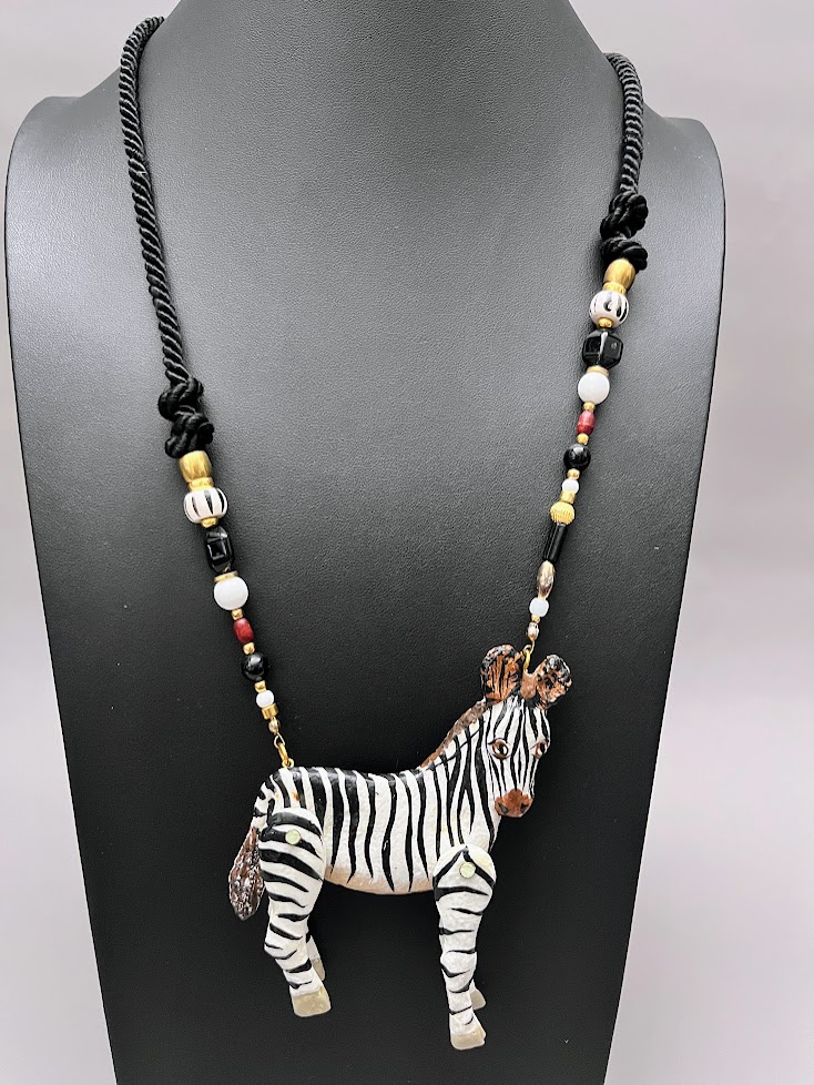 Vintage Signed 1988 Dorian Designs Articulated Wood Zebra Necklace 26 ...