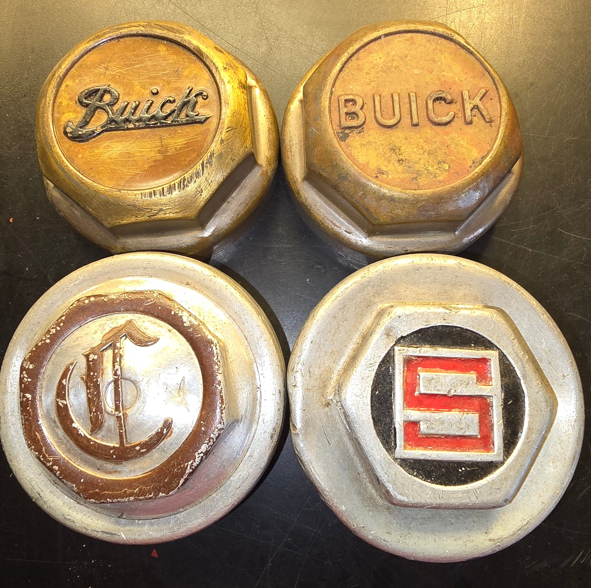 4 Vintage Wheel Grease Caps 2 Buick, 1 Studebaker, 1 Chrysler Imperial ...