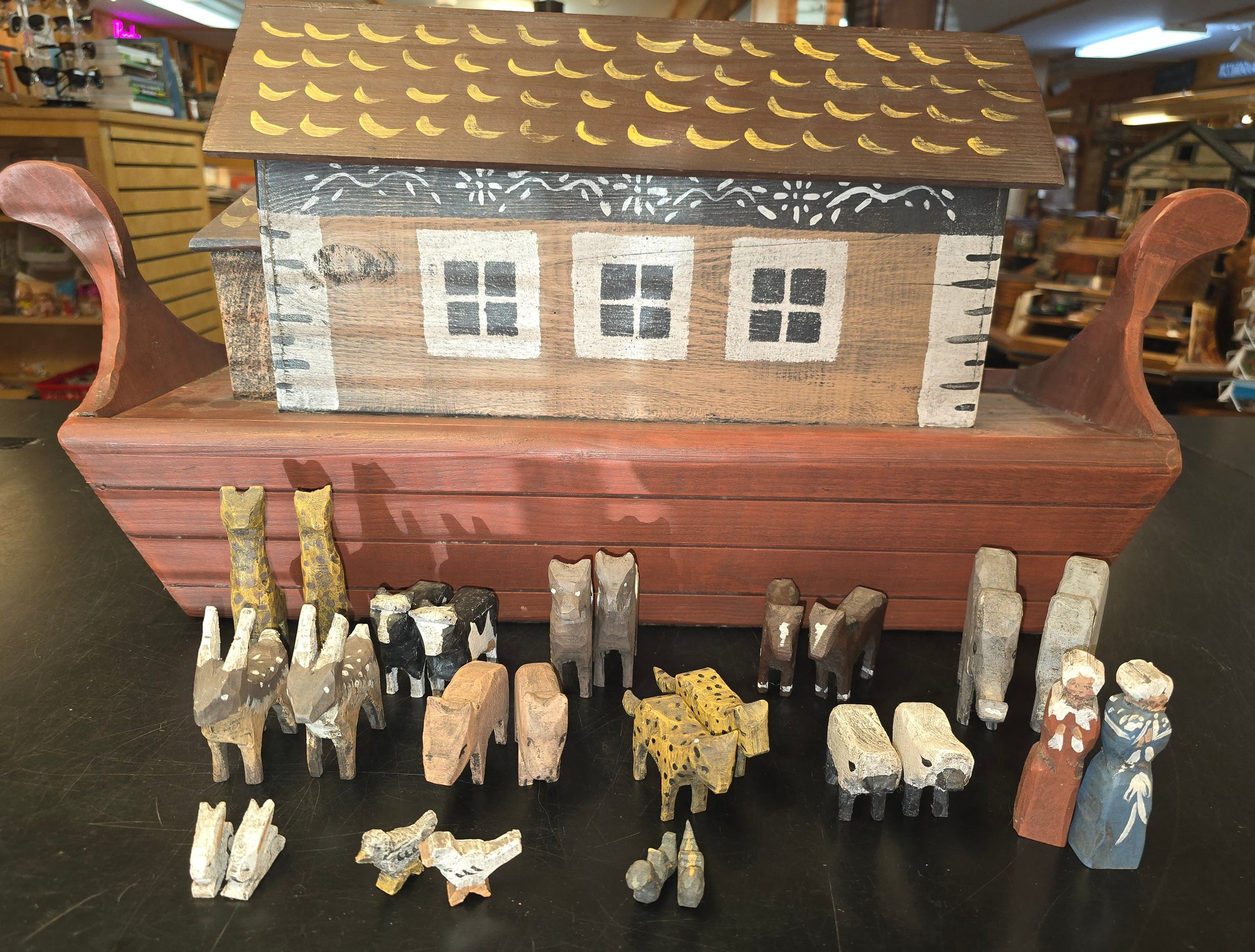 Antique Wooden Noah's Ark Toy Box With Wooden Animal Pairs #4770 ...