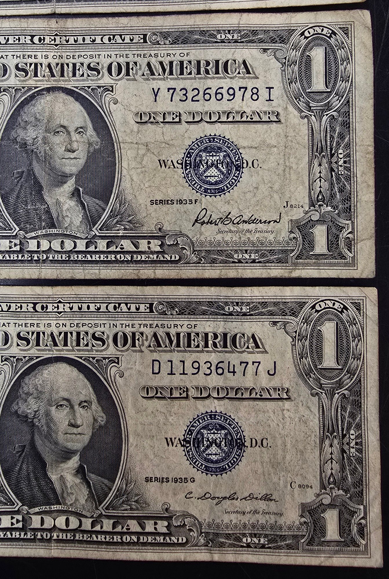 Four 1935 Circulated Silver Series 1 Dollar Bills 1935 D, E, F & G ...