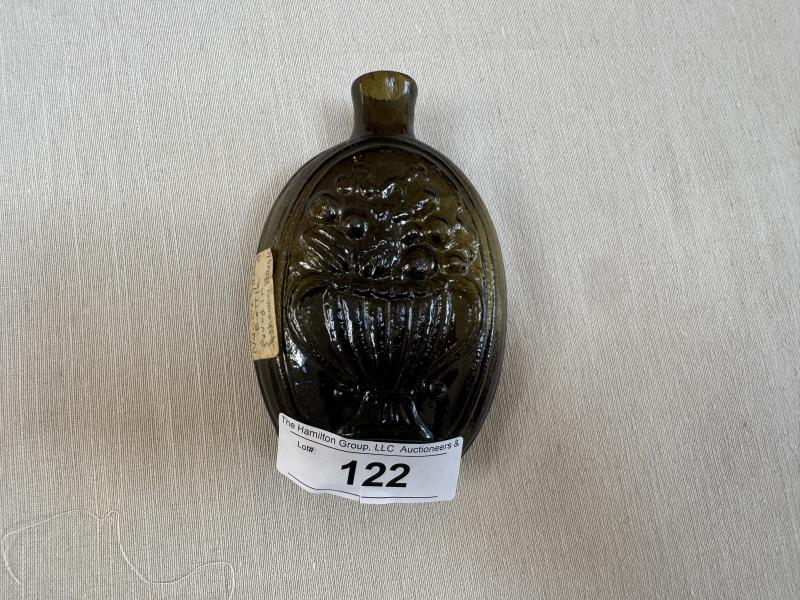 Green Glass Flask With Horn Of Plenty, Minor Scraps & Wear, 5.5" Tall X ...