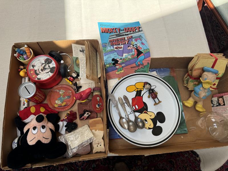 Lot Of Mickey Mouse Items Including: Plate, Spoons, Clock, Puppet ...