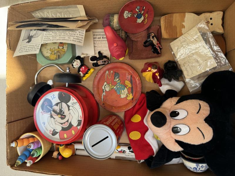 Lot Of Mickey Mouse Items Including: Plate, Spoons, Clock, Puppet ...
