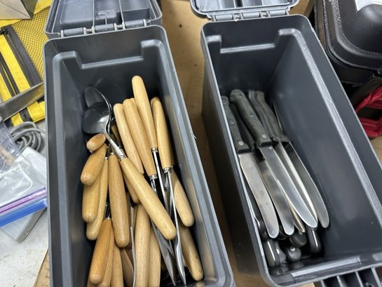 Lot Of Plastic Tools Boxes With Forks, Knives One Box With Gloves ...
