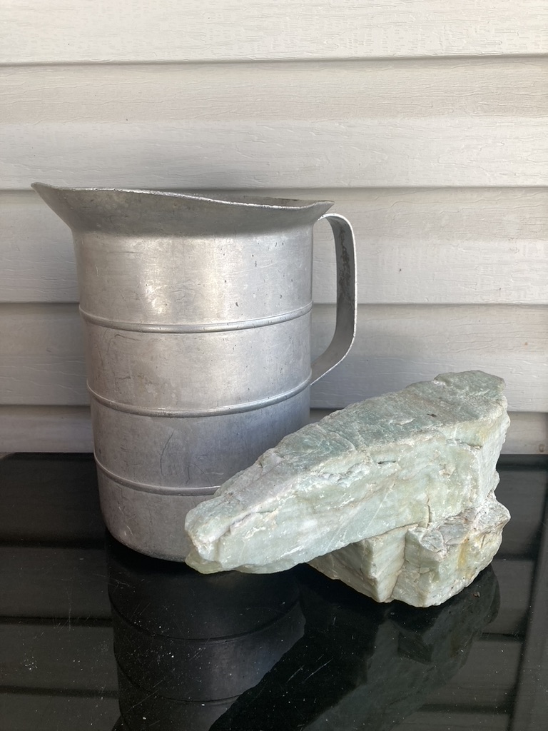 Vintage Tin Pot With Long Green Decorative Stone #18209 | Auctionninja.com