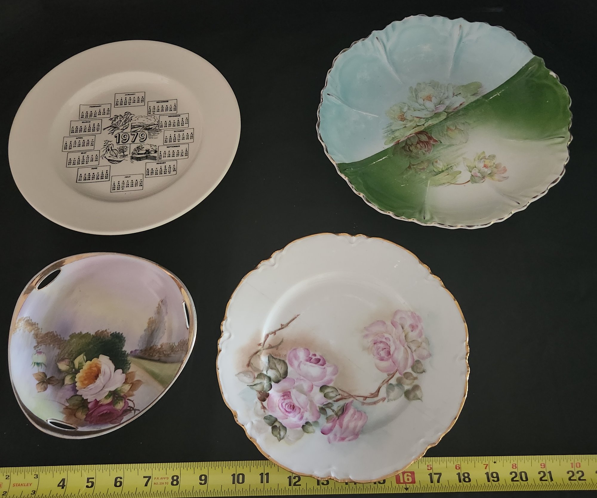 4 Vintage Antique Plates, Staple Repair, Fine Porcelain, Souvenir 1979 ...