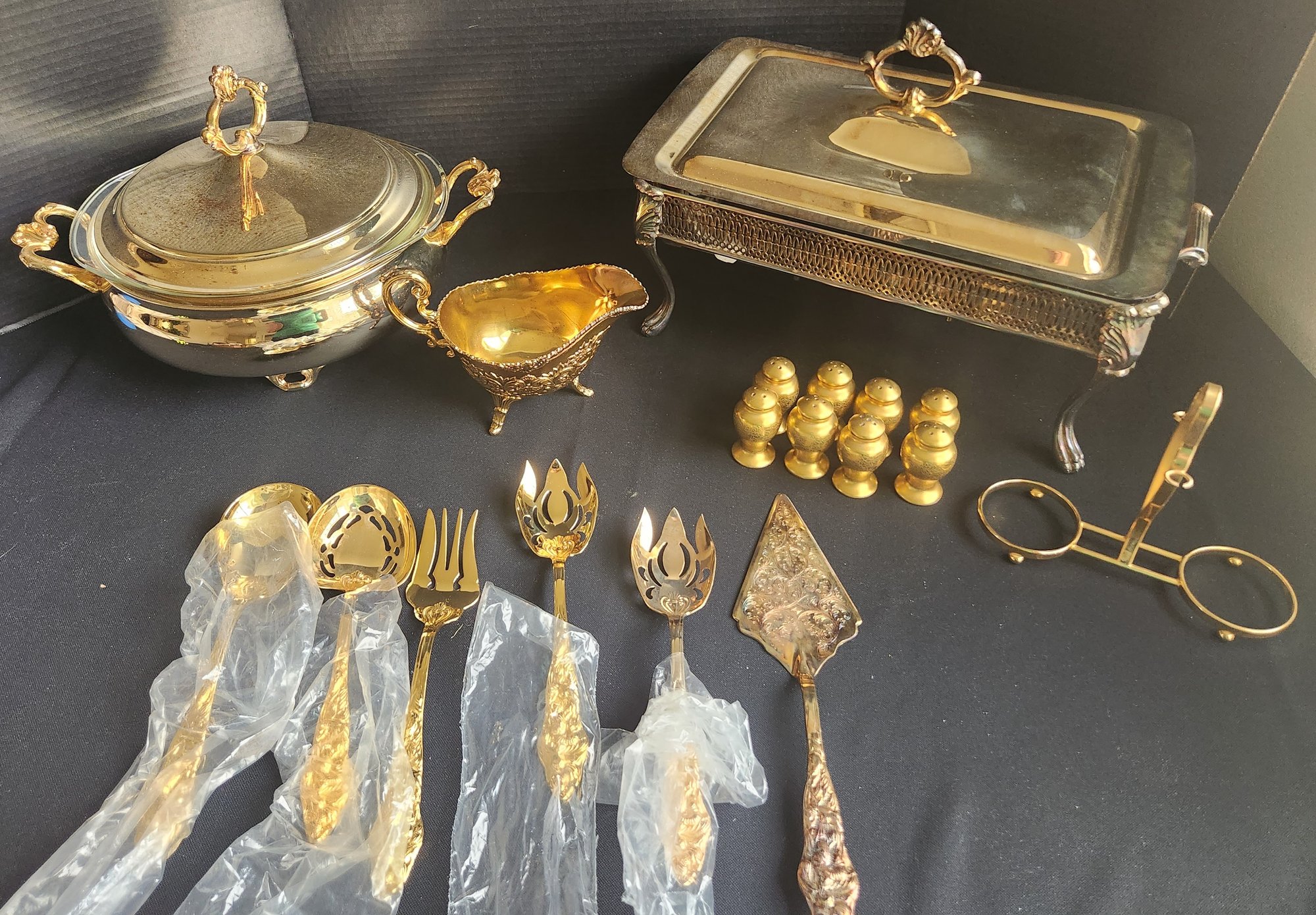 Gold Plate Serving Pieces, Pyrex, Buffet Chafing Dish, Gravy, S&P ...
