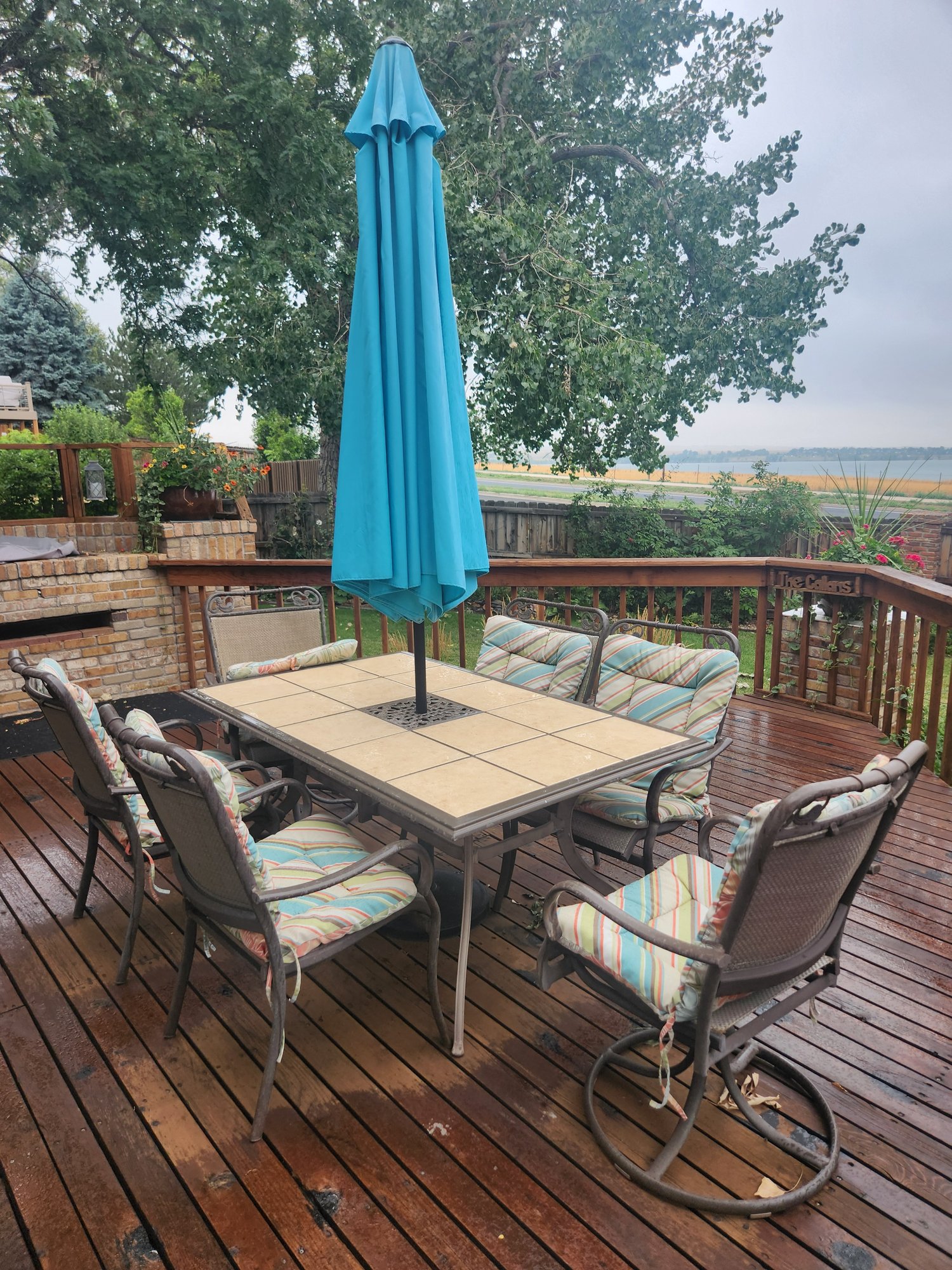 Ceramic Tile Top Patio Set, Furniture With 6 Chairs, Umbrella, Stand ...
