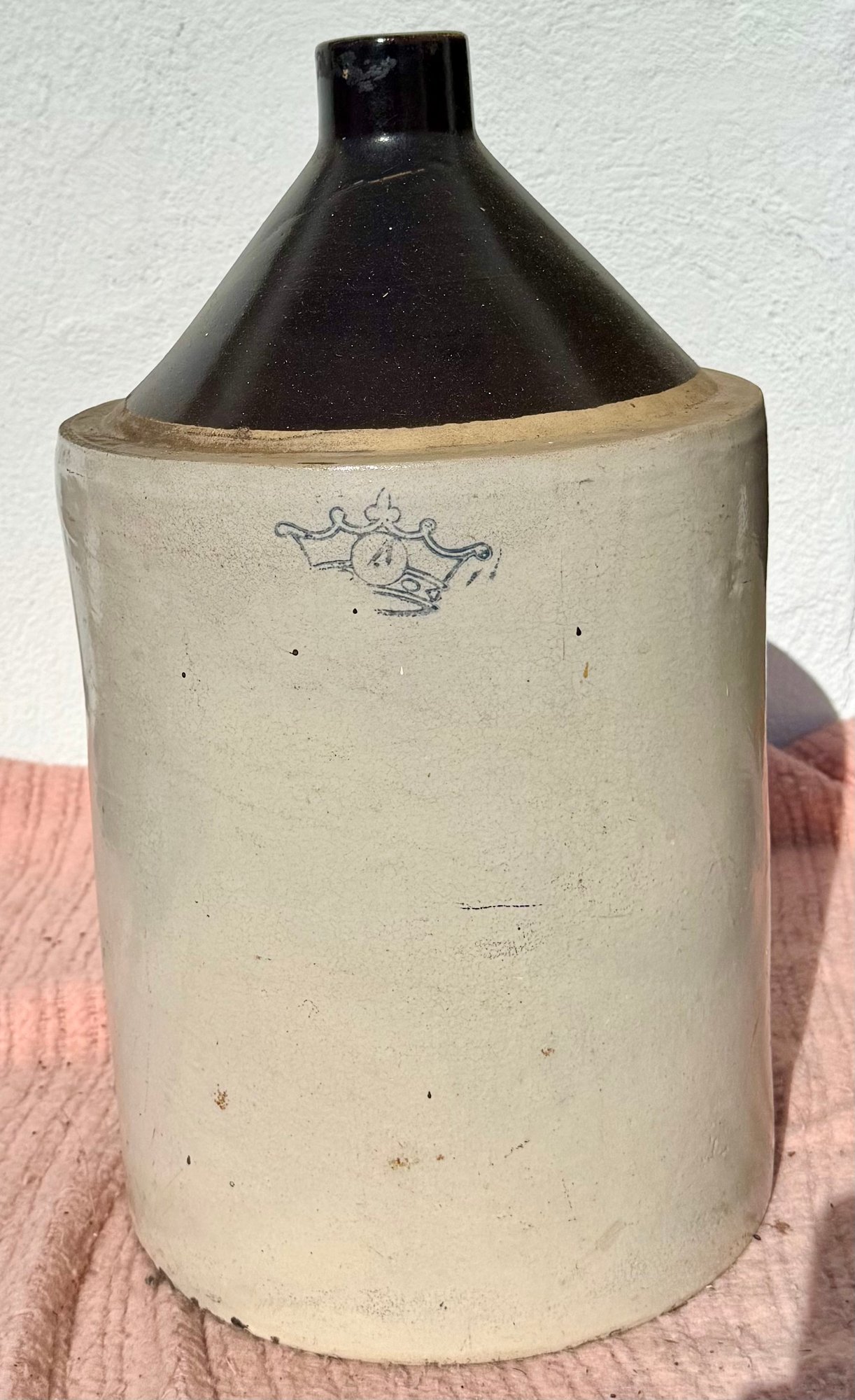 Antique Brown/Tan Stoneware Jug, 4 Gallon Blue Crown, Mfg. By Robinson ...