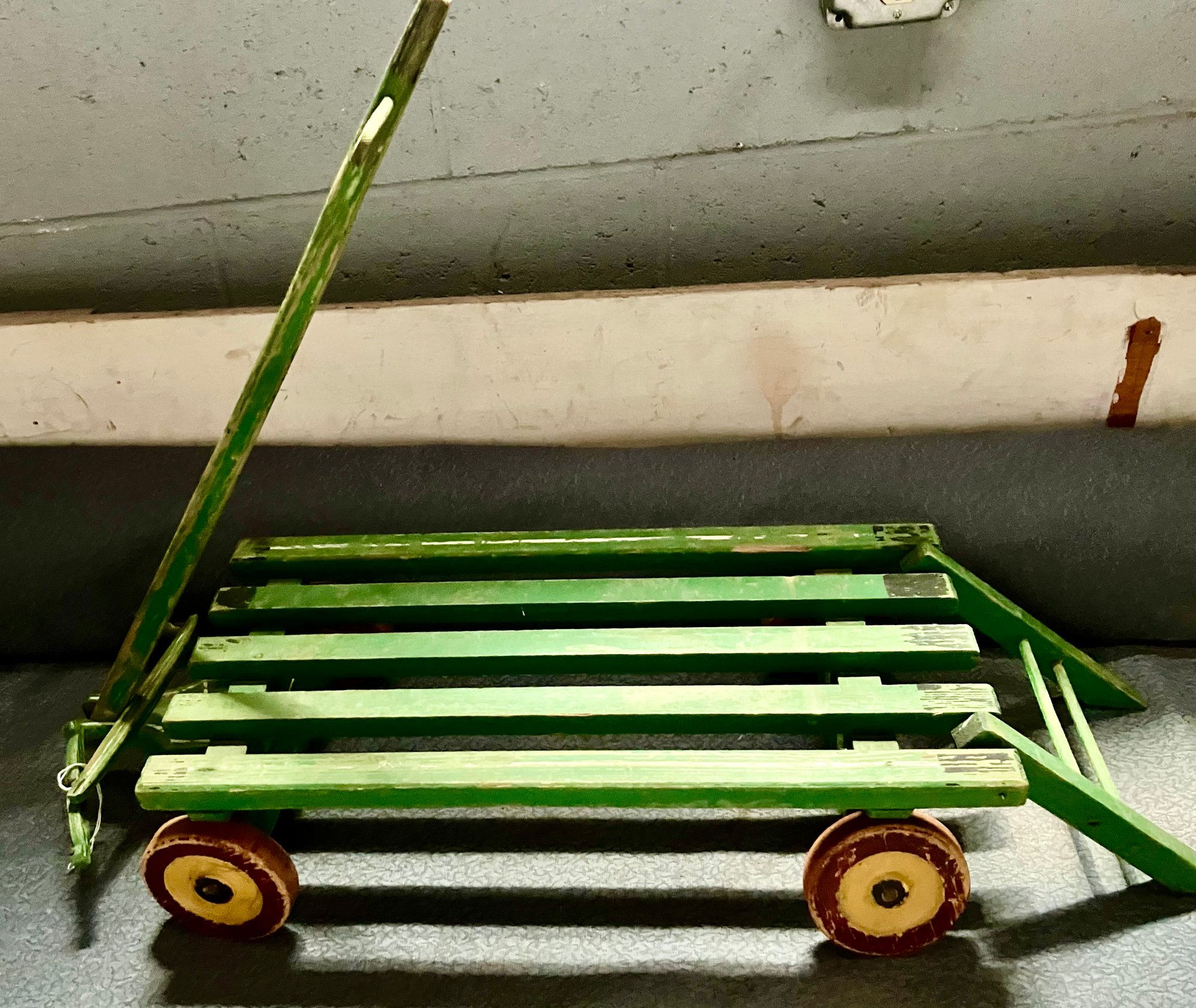 #158 Vintage Green Painted Wooden Pull Cart With Small Wooden Wheels ...