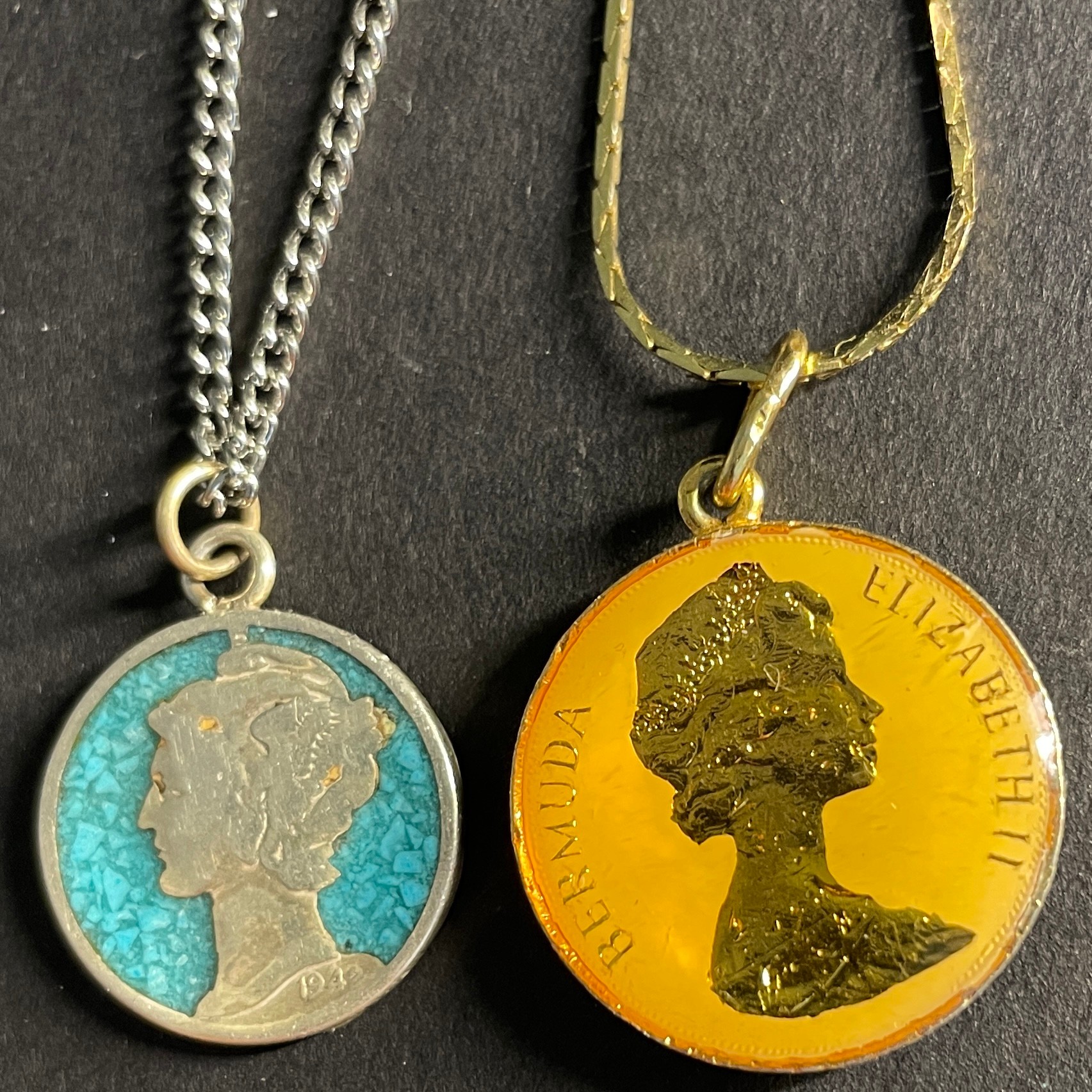 2 Vintage Coin Art Jewelry Necklaces- 1942 Mercury Dime & Queen ...