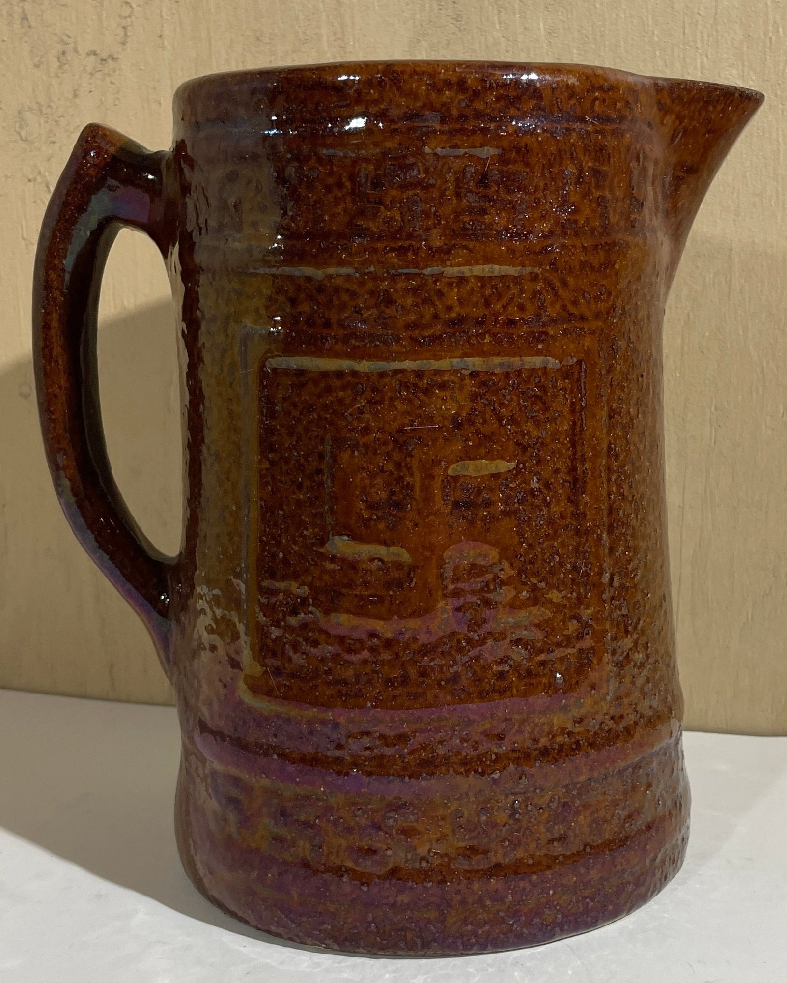 Antique Brown Salt Glaze Stoneware Pitcher With Love & Peace Symbol Of ...