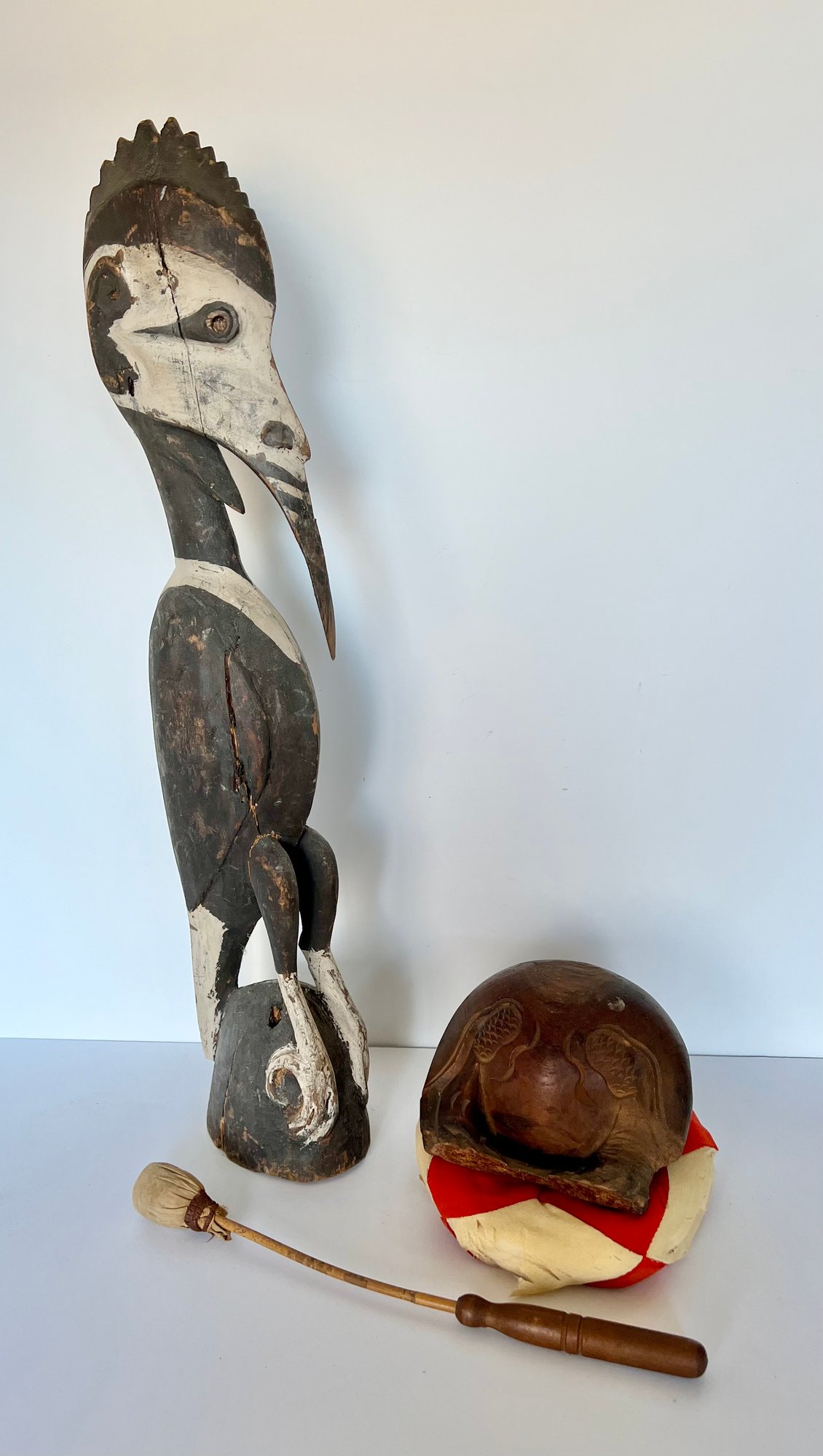 Papua New Guinea Bird Wood Statue And Japanese Wooden Drum Mokugyo ...
