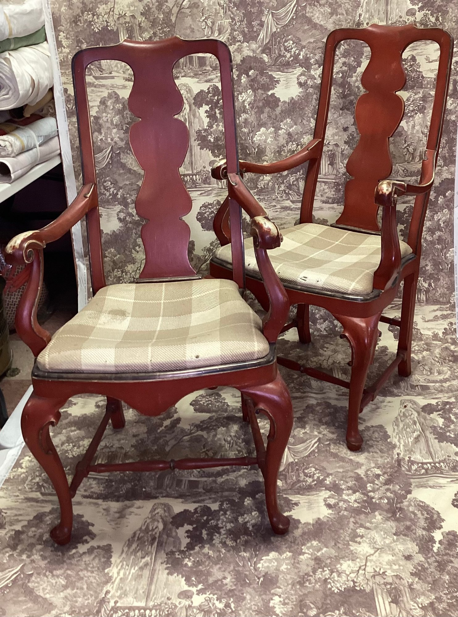Pair Red And Silver Gilt Queen Ann Chairs #3873 | Auctionninja.com