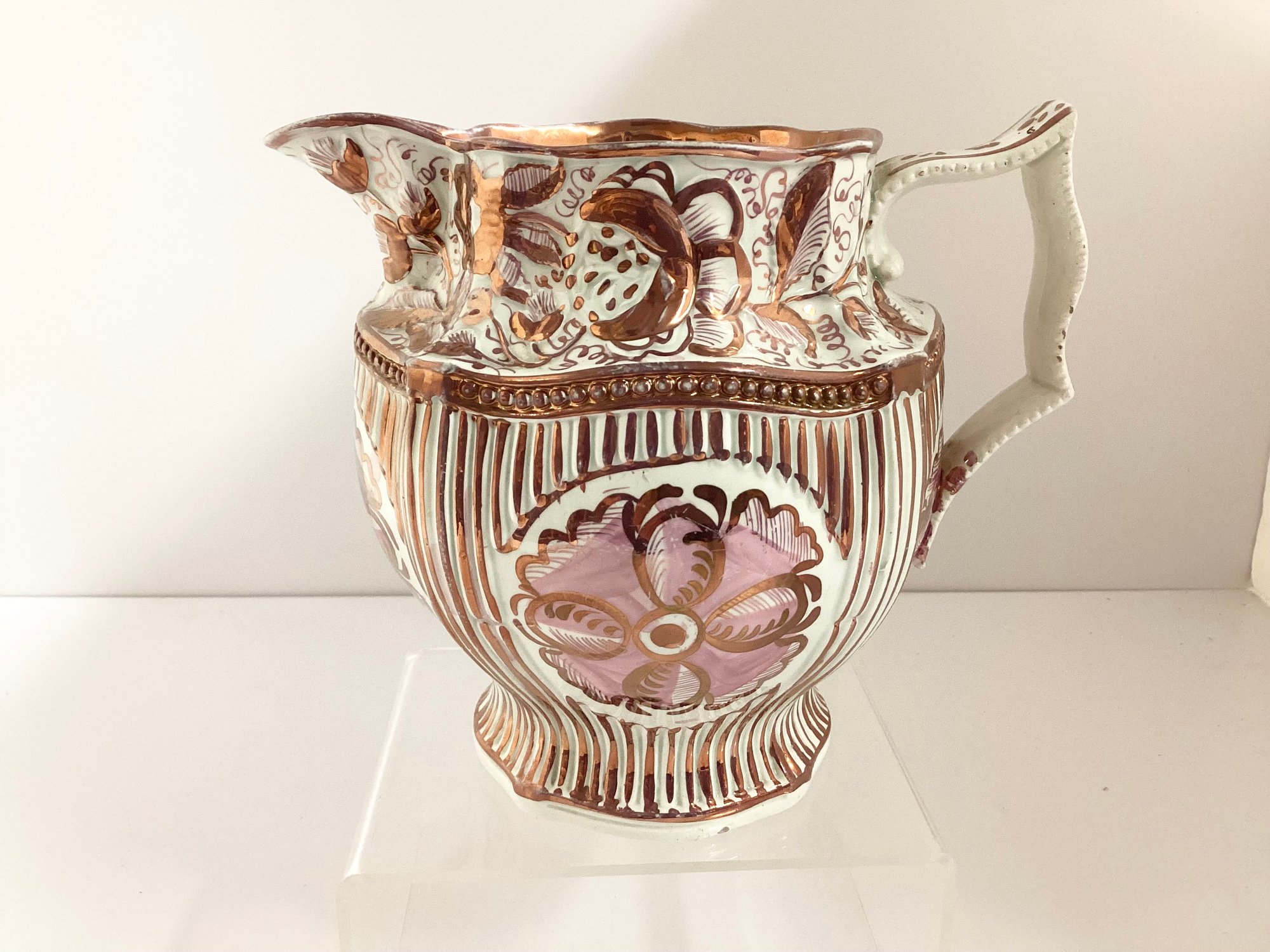 Copper Lustre Pitcher With Embossed Floral Decoration Pearlware Glaze ...