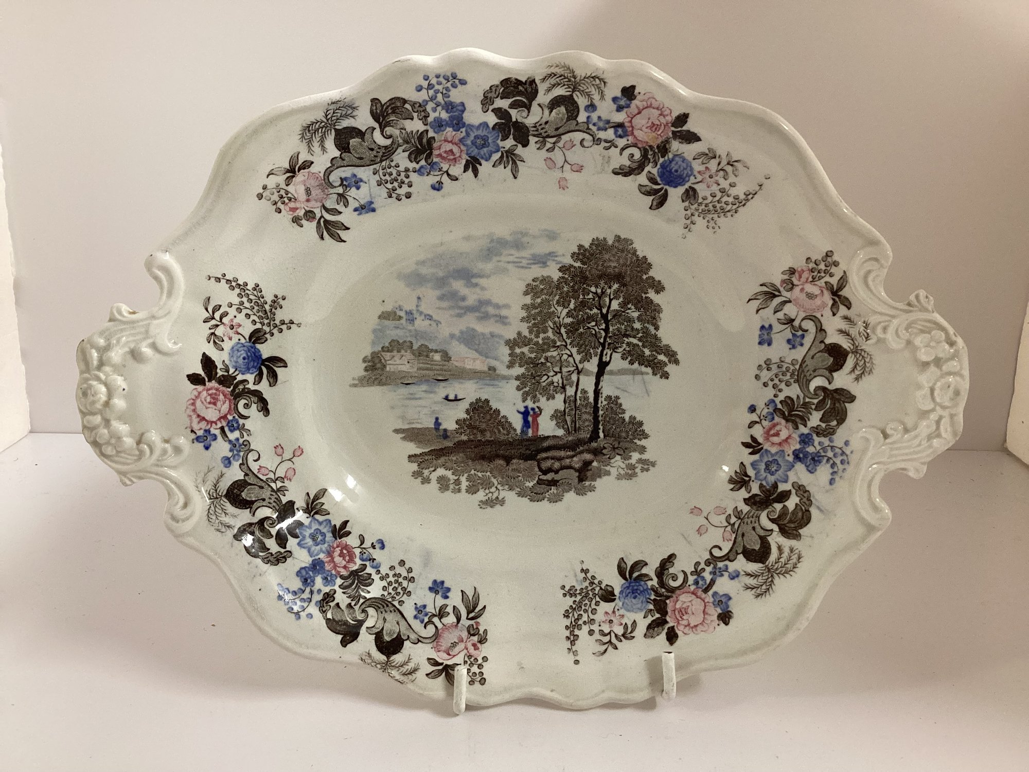 English Pearlware Polychrome Decorated LANDSCAPE Floral 2 Handled Dish ...