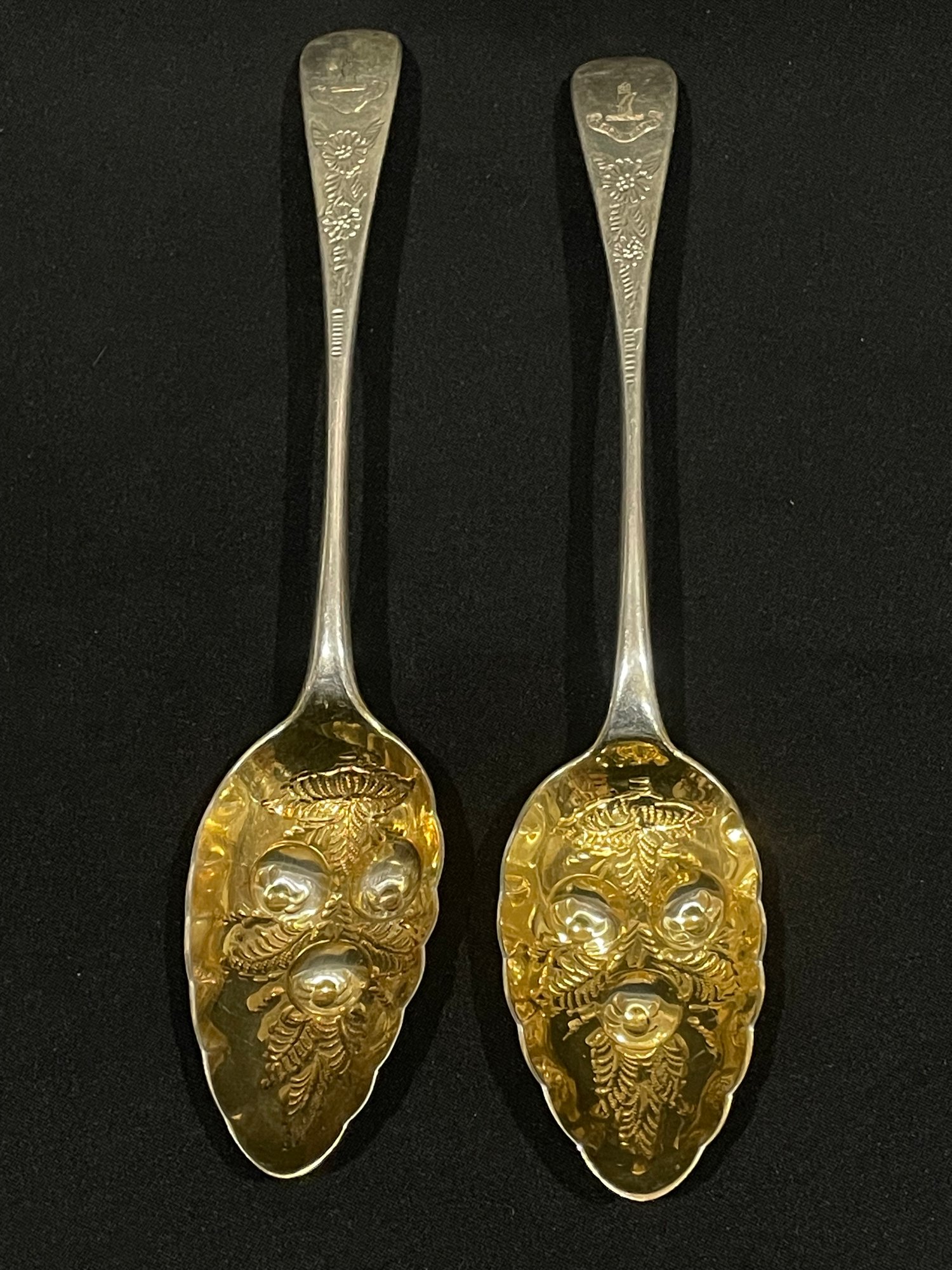 (2) Antique STERLING SILVER "Semper Fidelis" Repousse Serving Spoons ...