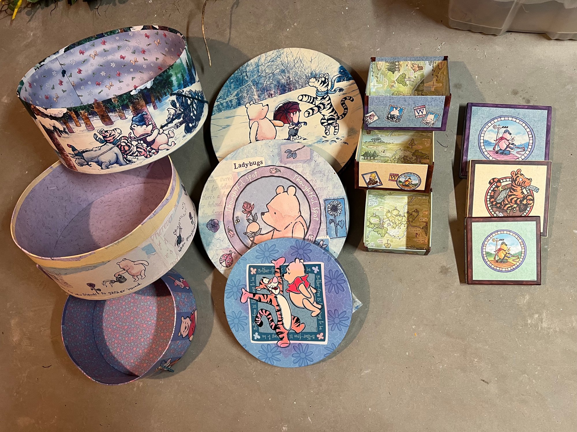 Winnie Pooh Lot Of Stacking / Nesting Boxes Round & Square #1677 | Auctionninja.com