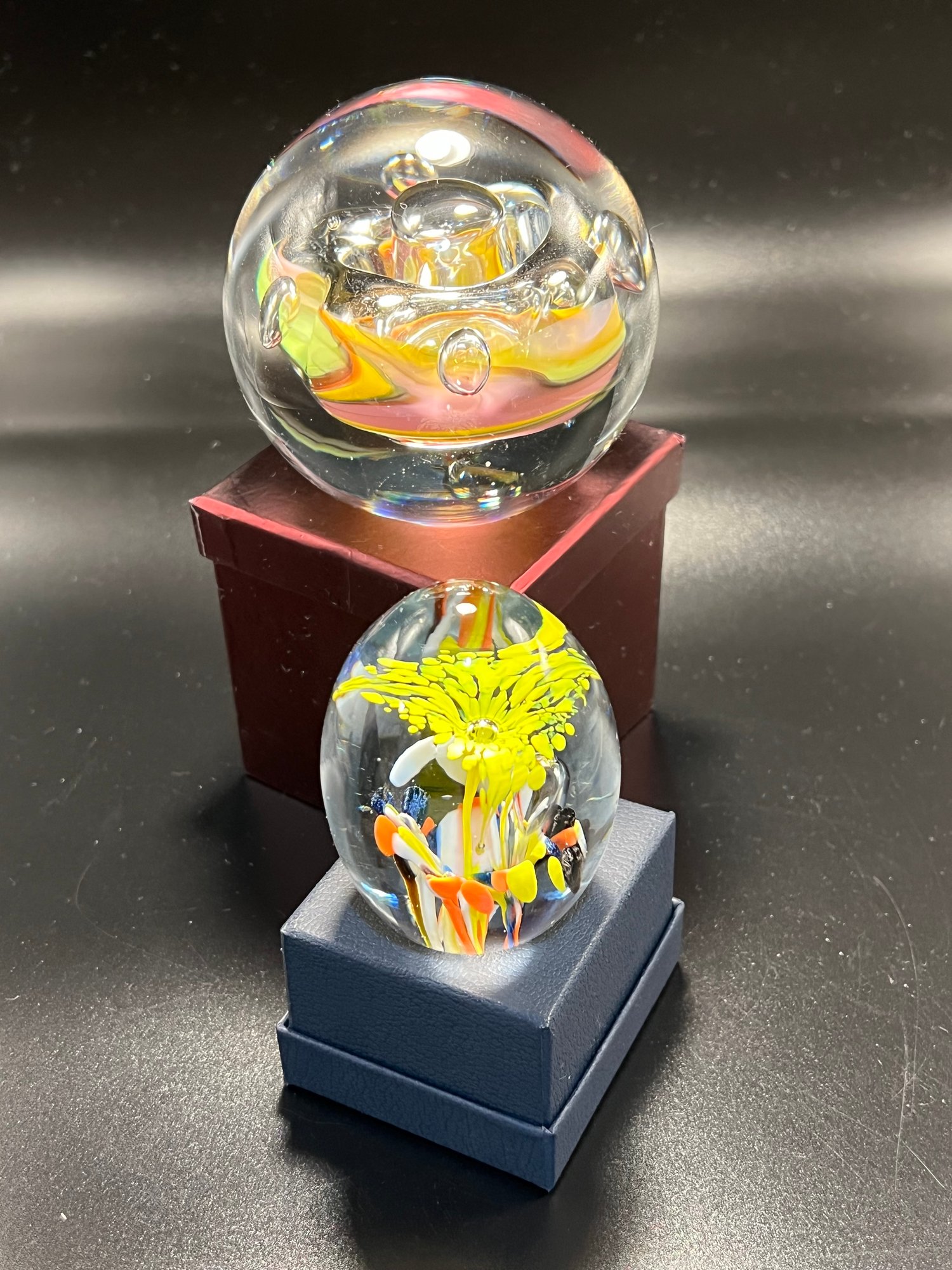 Two Collectible Art Glass Paperweights Egg Shape & Round #1936 ...
