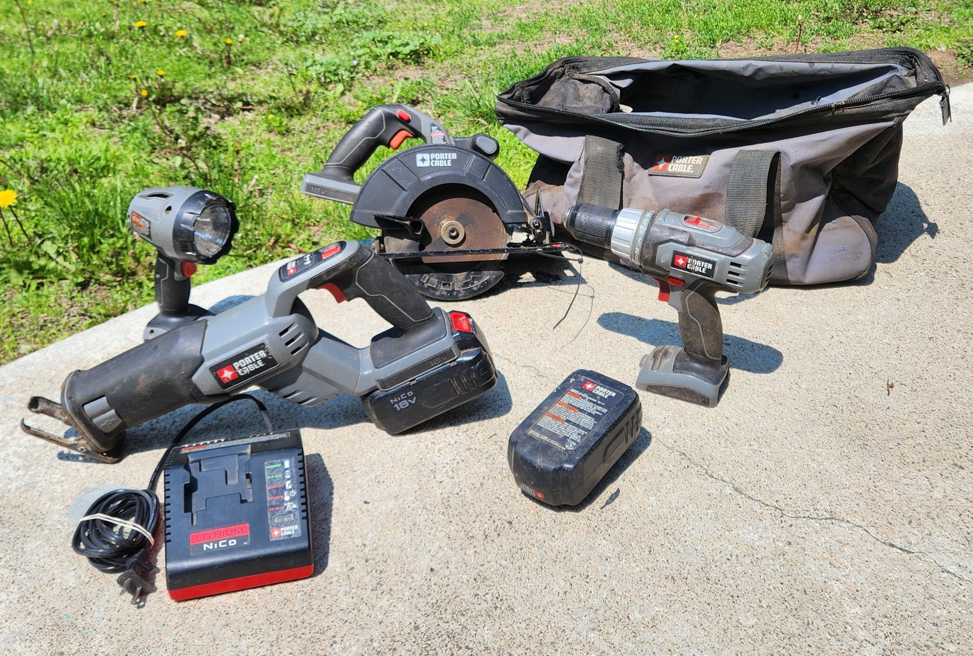 6-Piece Porter Cable 18V Cordless Tool Lot: Drill, Saws, Light, Charger ...
