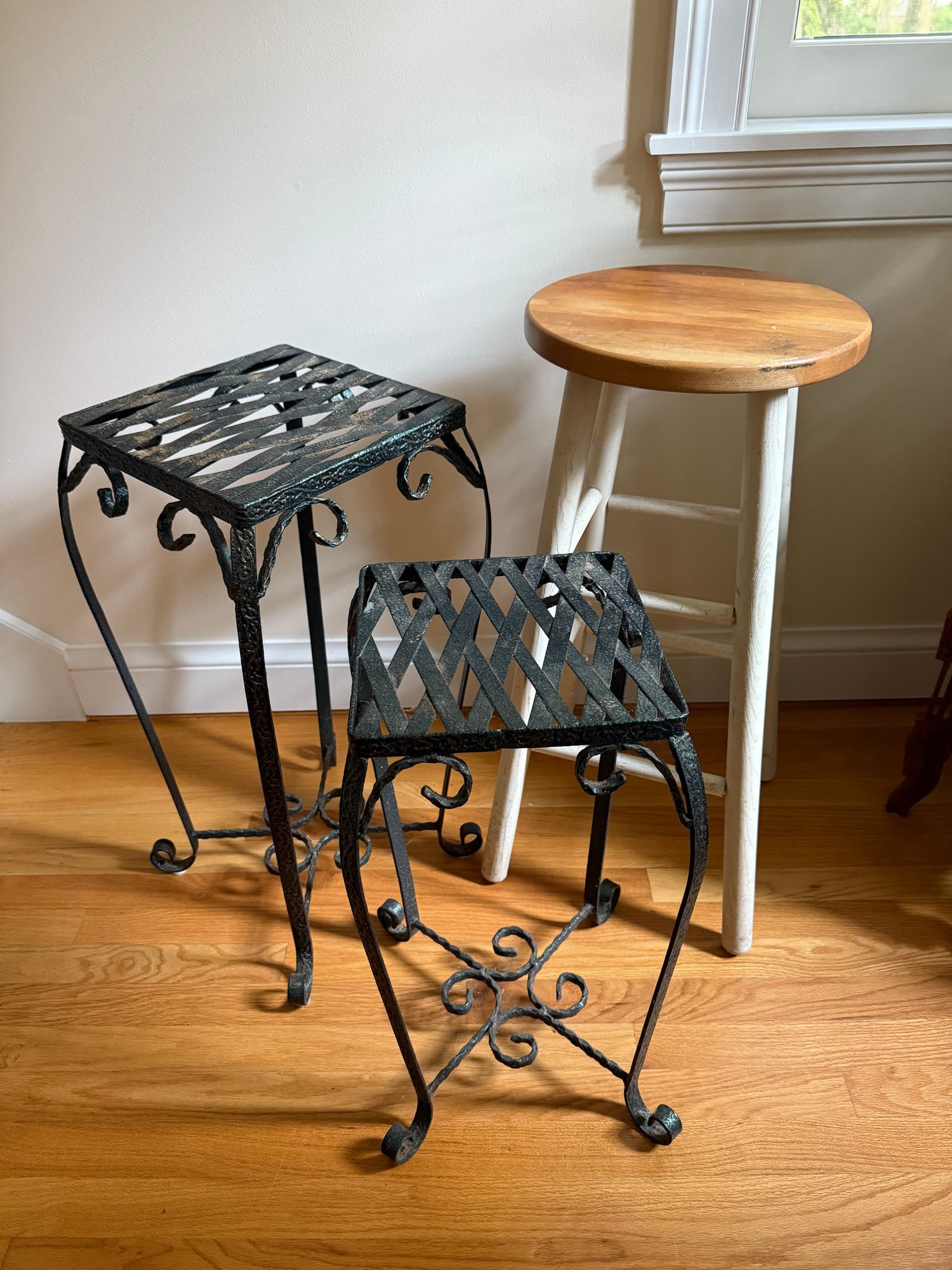 2 Metal Plant Stands And Wood Stool #1442 | Auctionninja.com