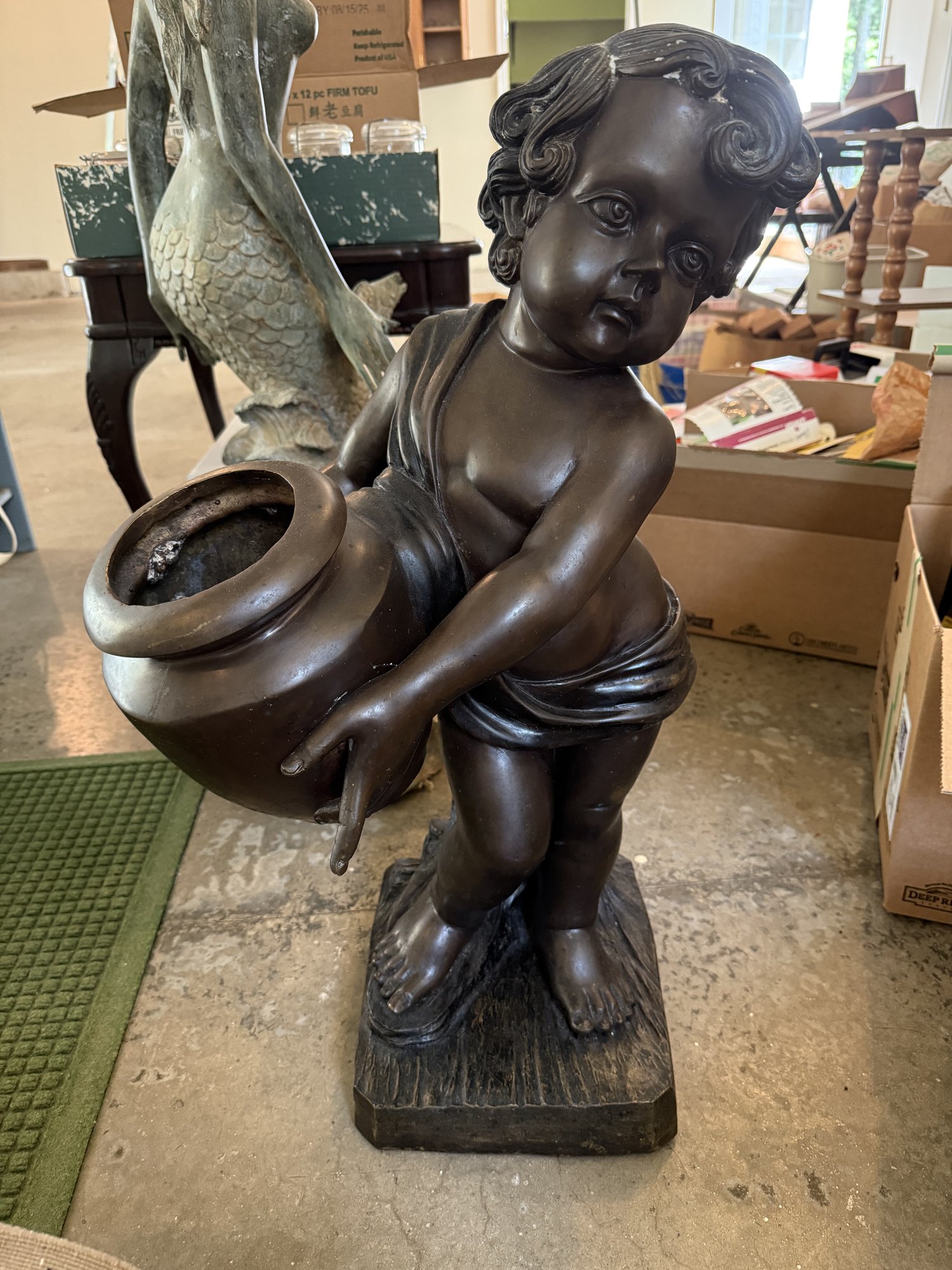Very Heavy Metal Statue Child Holding Water Jug #1495 | Auctionninja.com