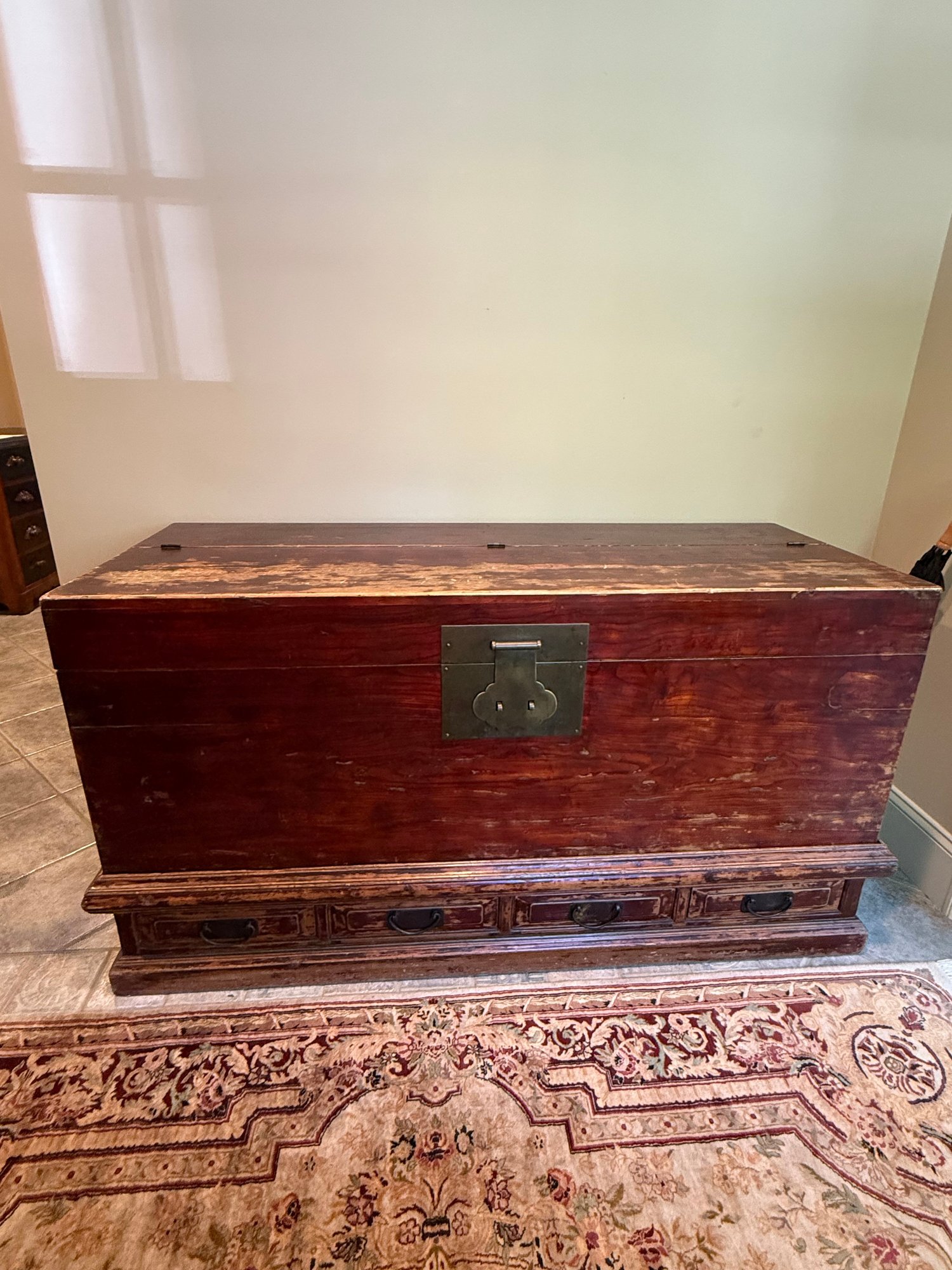 Very Interesting Antique Chinese Wooden Chest On Platform With 4 Small ...