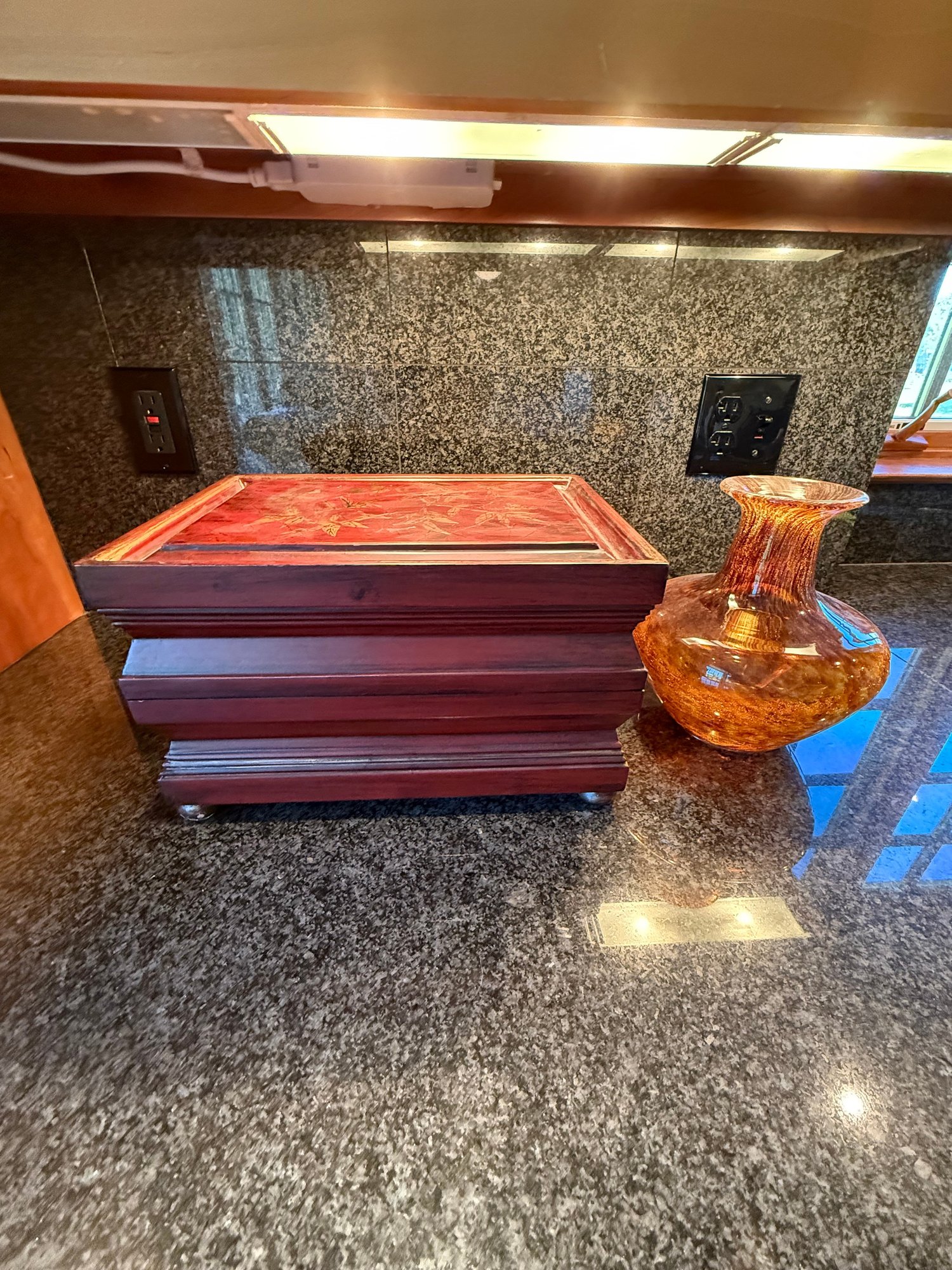 Beautiful Wood Asian Style Decorative Storage Box And Amber Colored ...