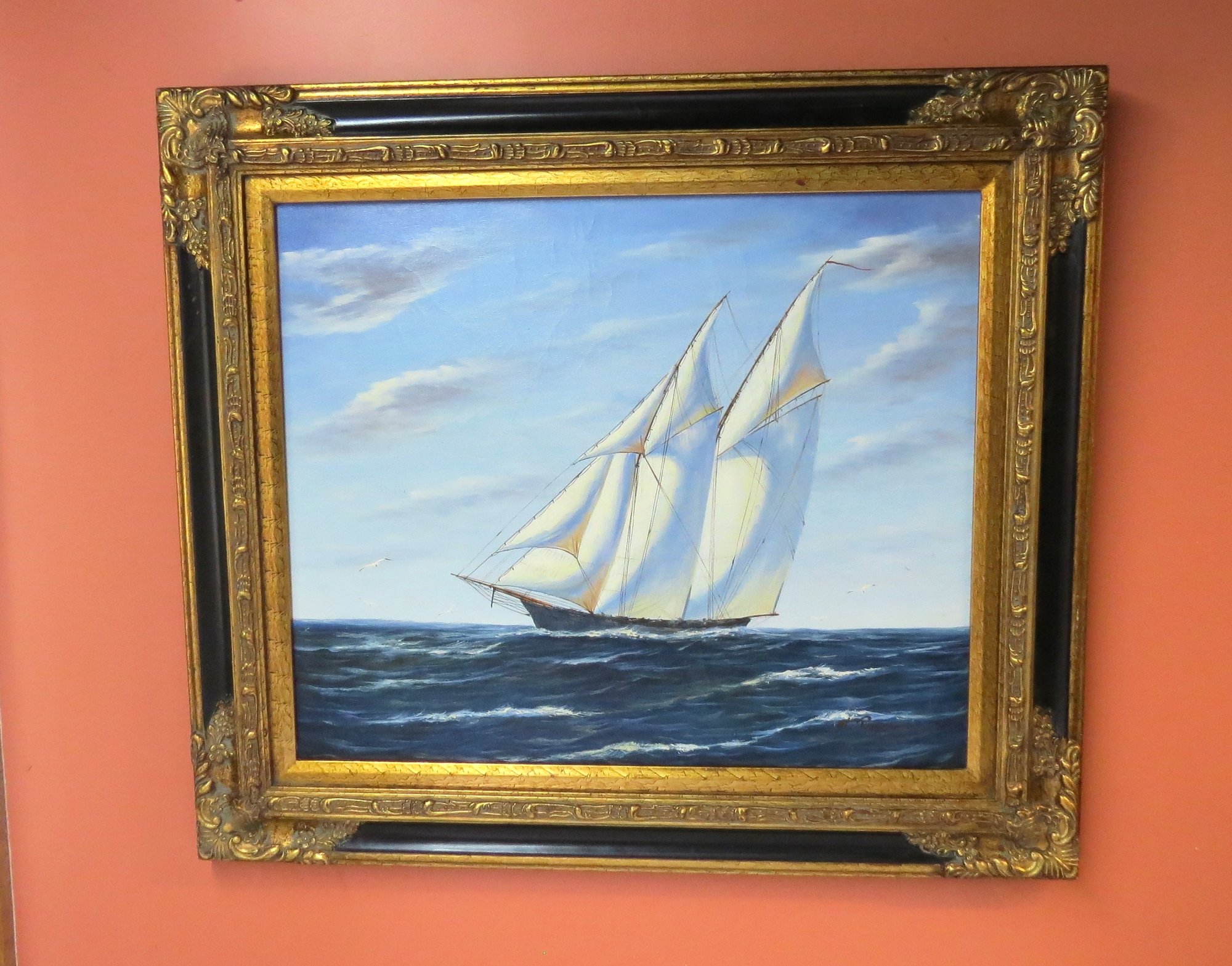 Signed Contemporary Oil On Canvas Two Mast Sailing Ship In Full Sail #2713 | Auctionninja.com
