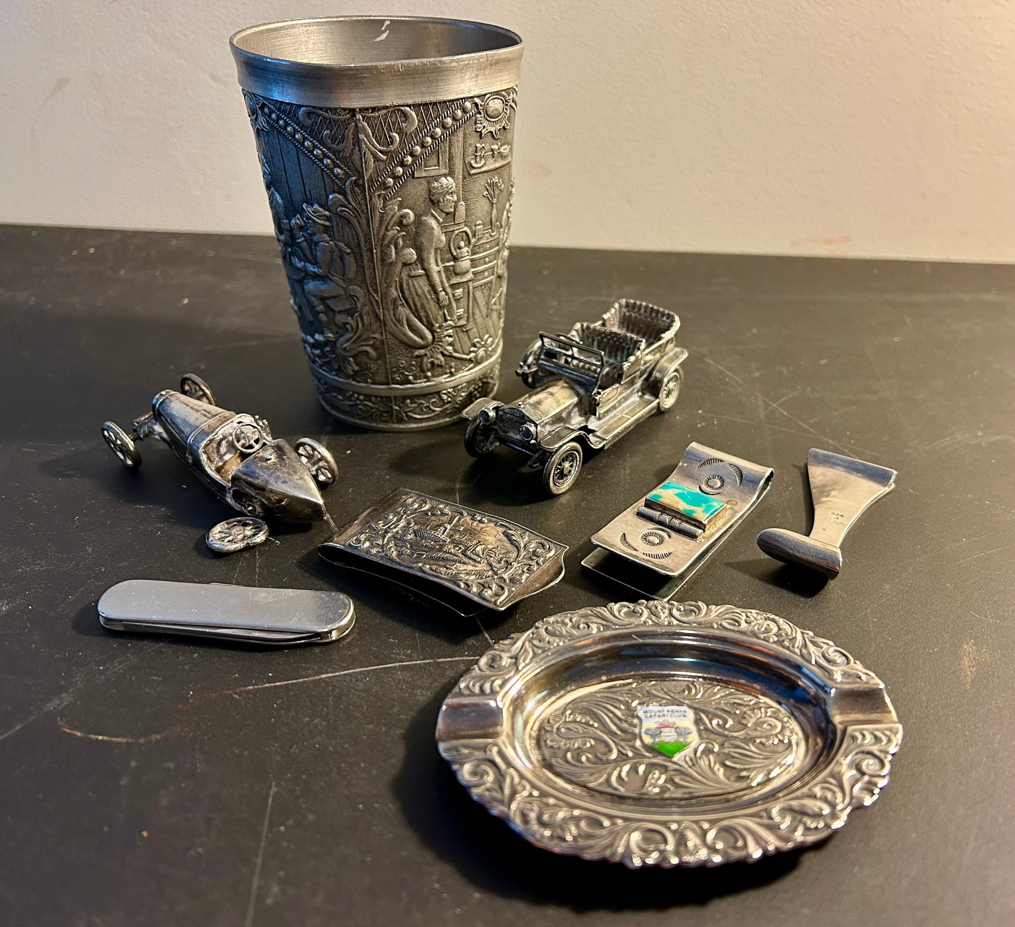 Silver Lot - Some Sterling - Two Car Models - 3 Money Clips - Zinc Beaker #2608 | Auctionninja.com