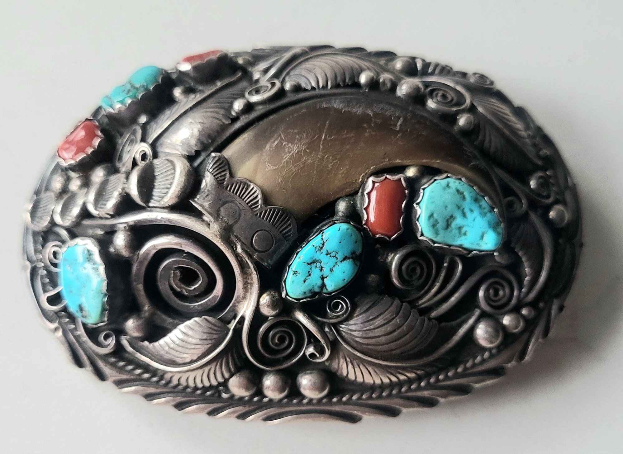 ANTIQUE NATIVE AMERICAN LARGE OVAL SIGNED "APACHITO-STERLING" TURQUOISE ...