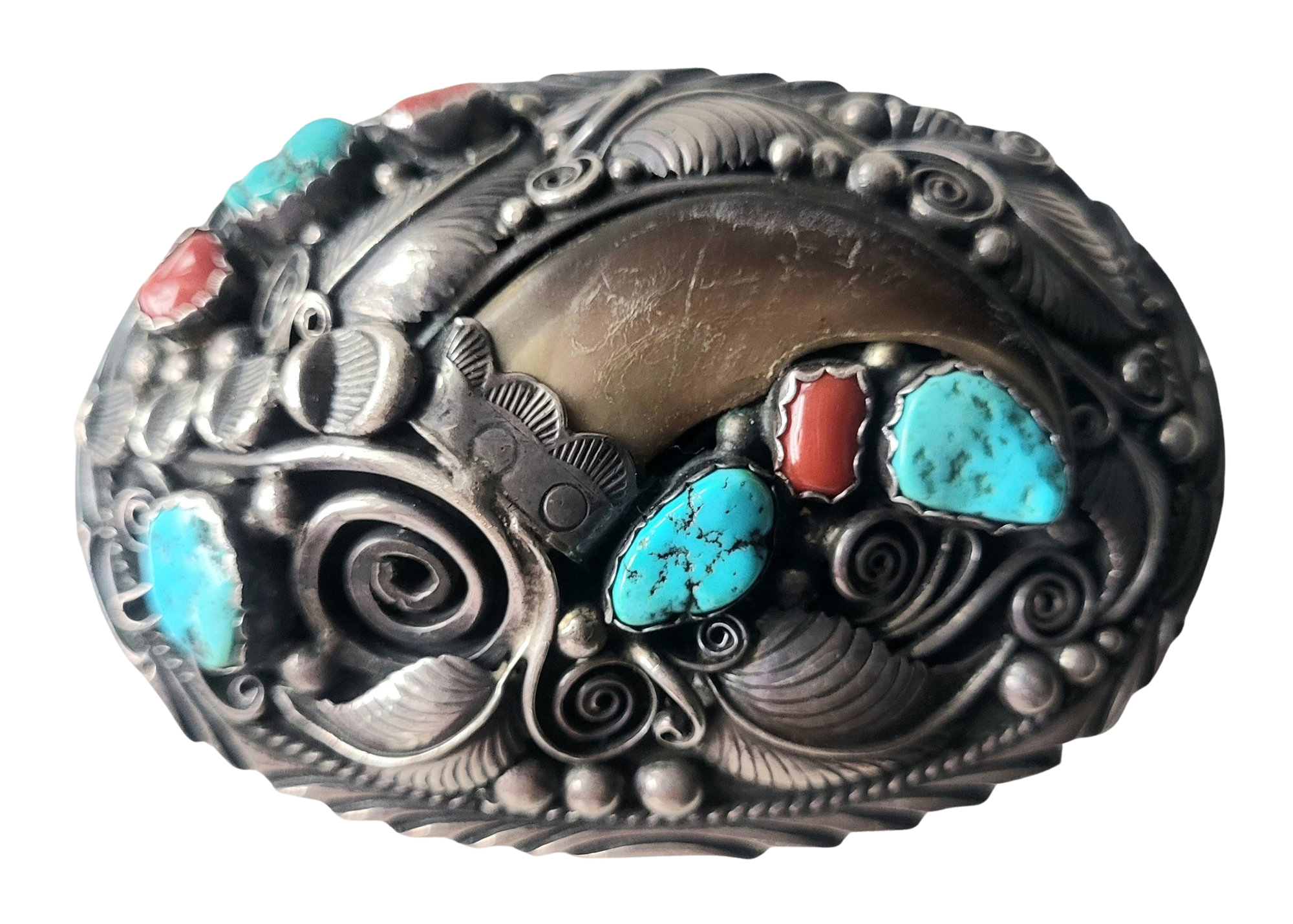 ANTIQUE NATIVE AMERICAN LARGE OVAL SIGNED "APACHITO-STERLING" TURQUOISE ...