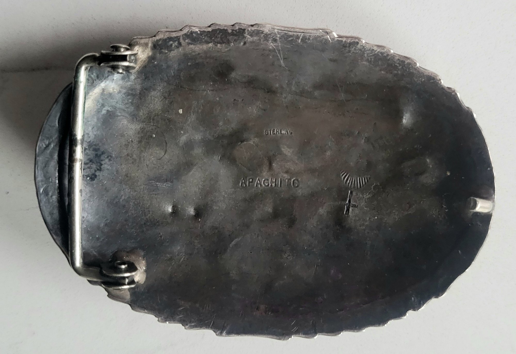 ANTIQUE NATIVE AMERICAN LARGE OVAL SIGNED "APACHITO-STERLING" TURQUOISE ...