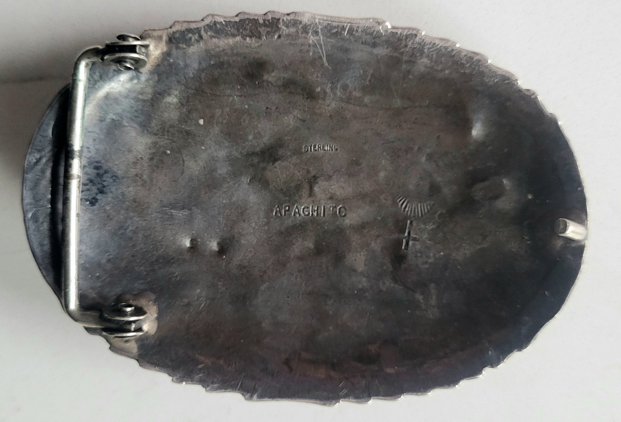 ANTIQUE NATIVE AMERICAN LARGE OVAL SIGNED "APACHITO-STERLING" TURQUOISE ...