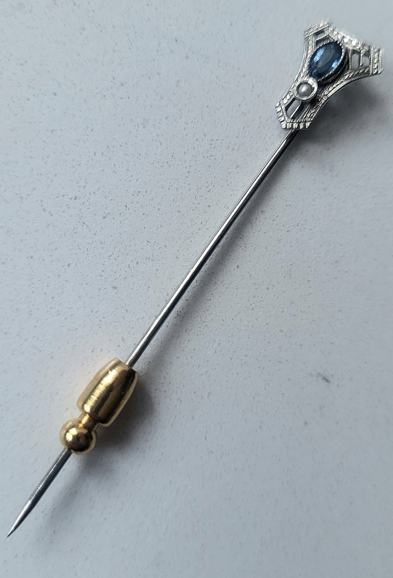 ANTIQUE VICTORIAN 10K WHITE GOLD SAPPHIRE & PEARL STICK PIN IN ORIGINAL ...