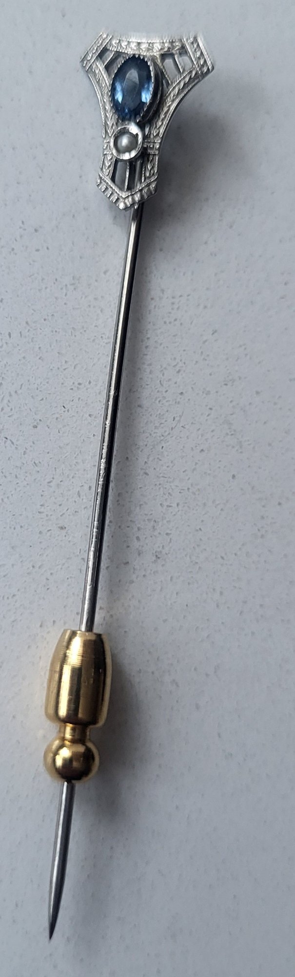 ANTIQUE VICTORIAN 10K WHITE GOLD SAPPHIRE & PEARL STICK PIN IN ORIGINAL ...