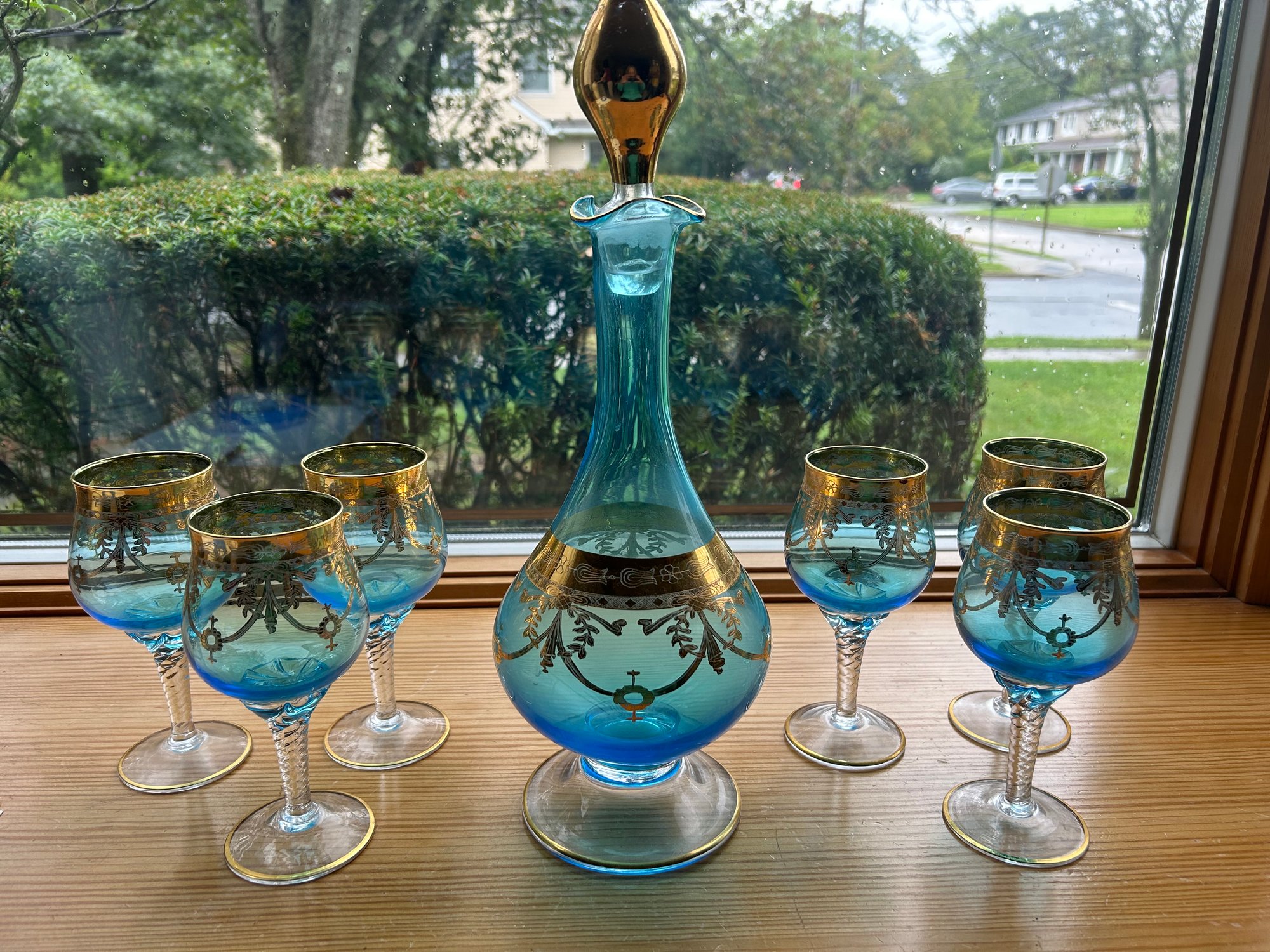 Antique Blue Crystal Glass Italian Decanter Set With 6 Matching Wine ...