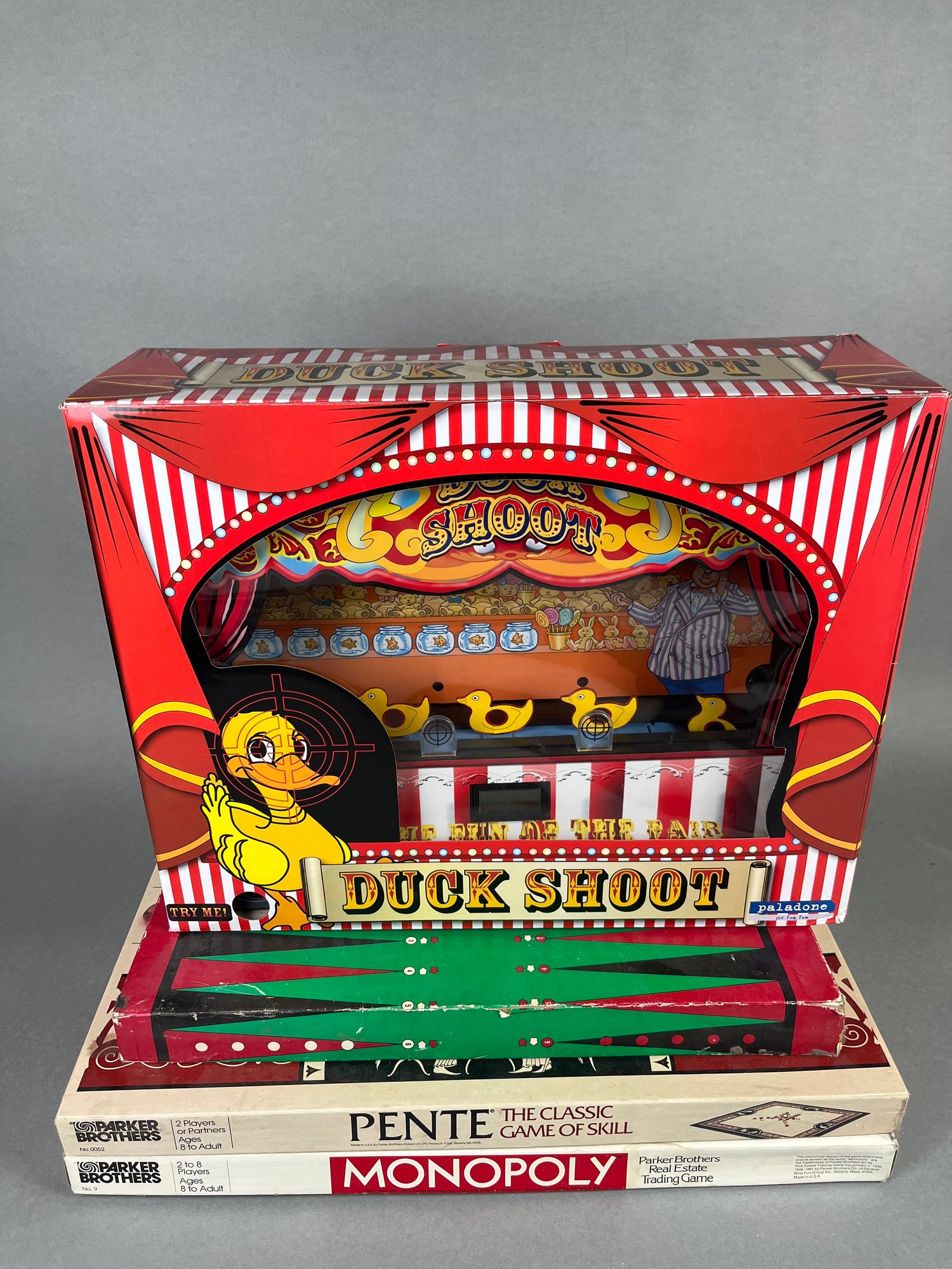 Three Board Games, Including Monopoly, Pente, & Backgammon, And A Duck ...